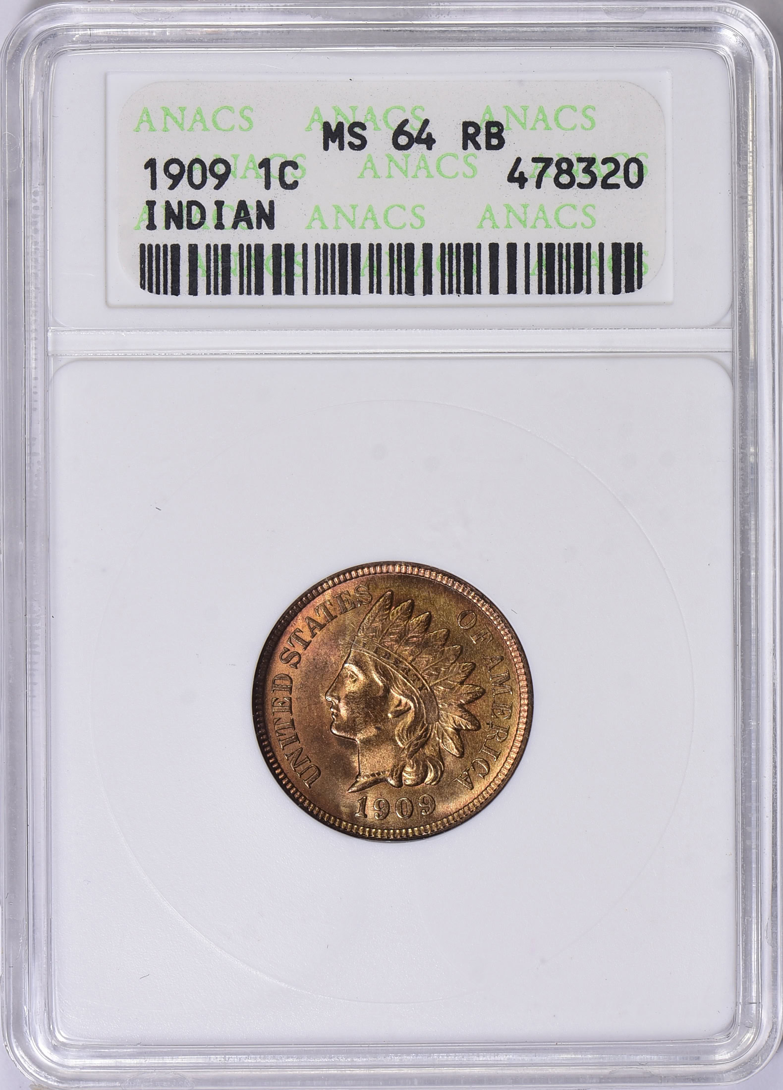 1909 Indian Cent ANACS MS-64 RB OH (Item 1891394) | GreatCollections Coin Auctions