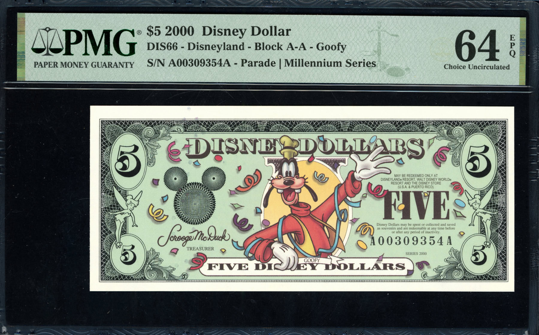 2000 Disneyland $5 Disney Dollar Note Goofy / Parade / Millennium ...