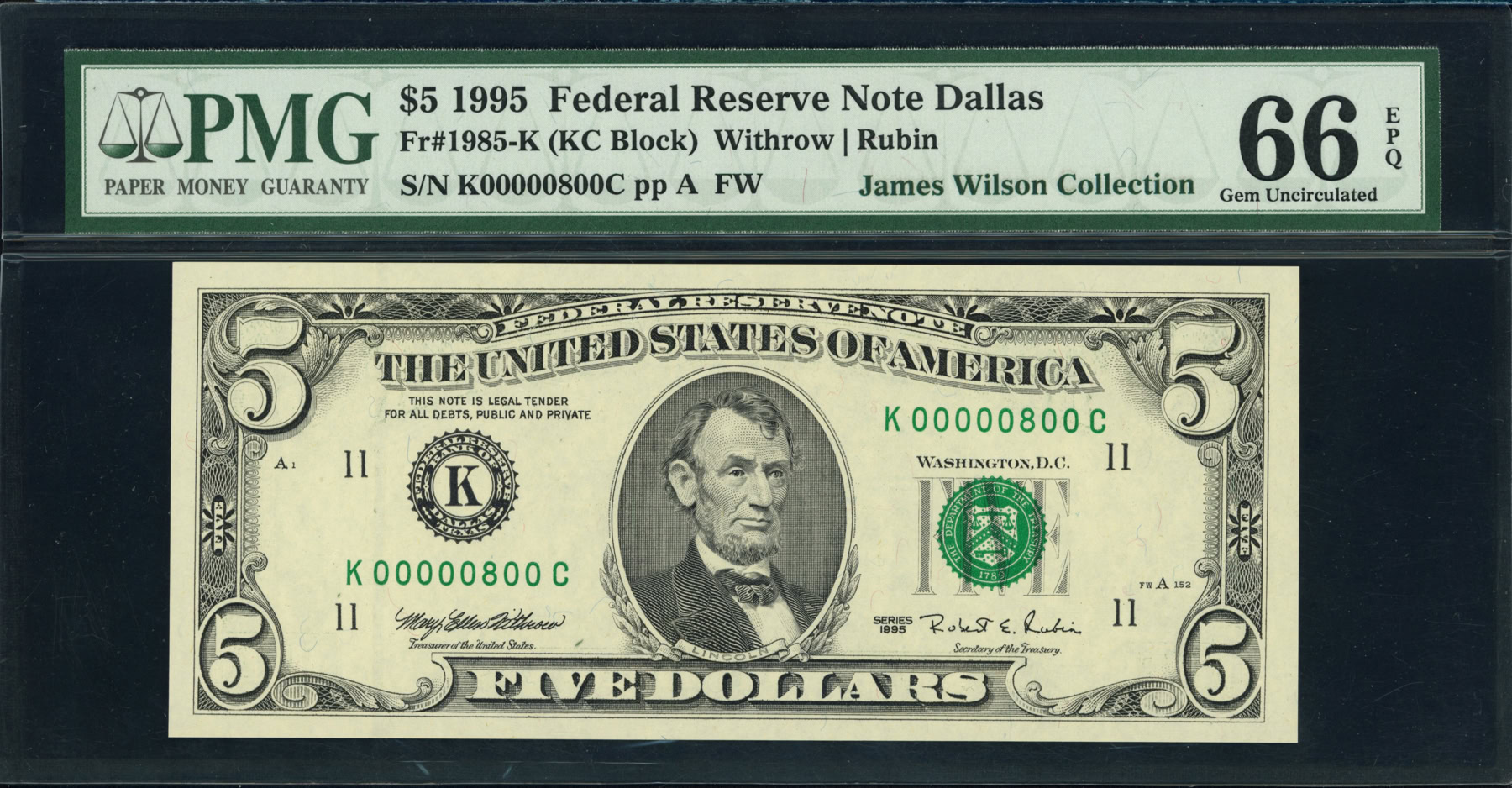 Fr. 1985-K (KC Block) 1995 $5 Dallas Federal Reserve Note *Very Low ...