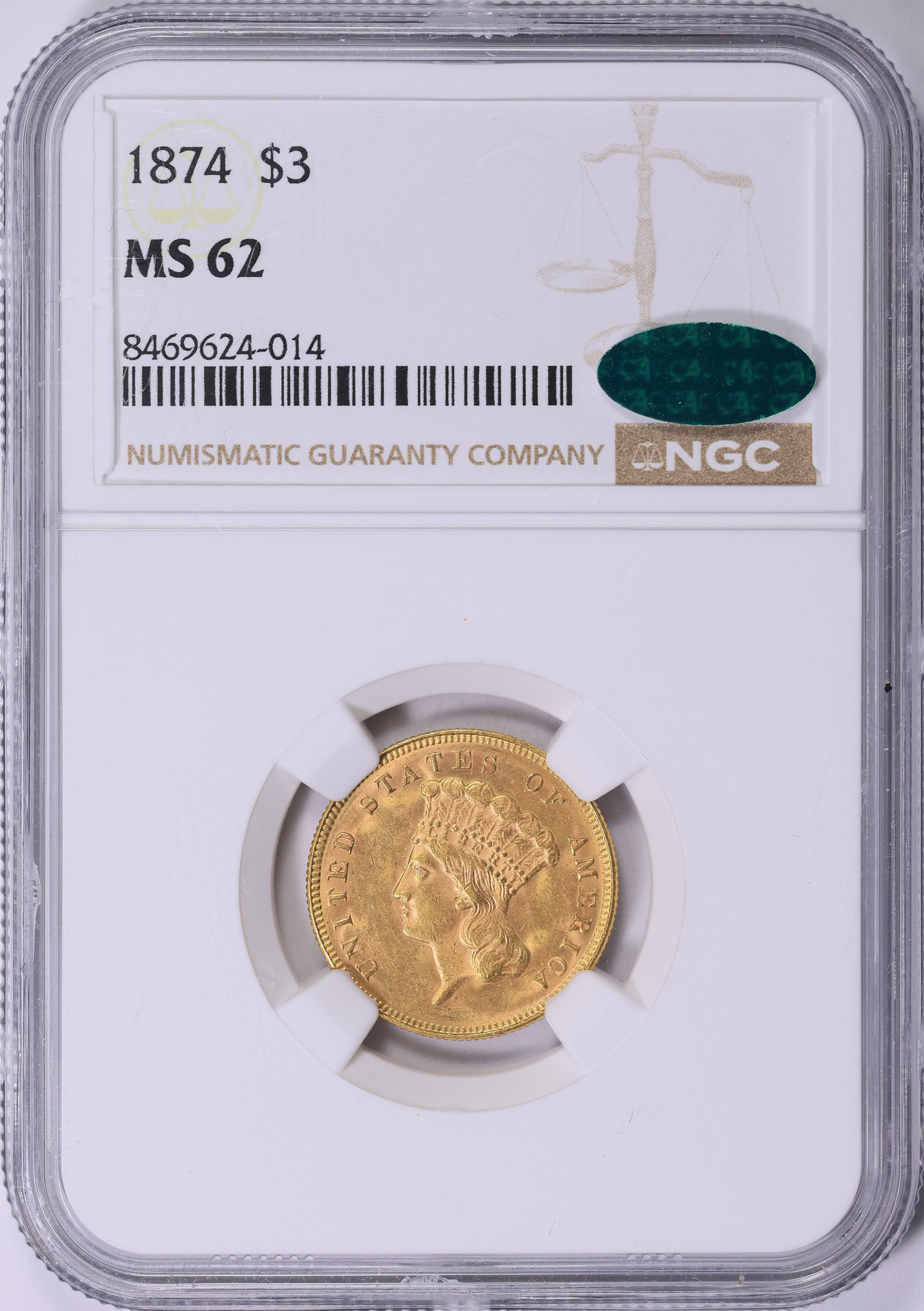 1874 Three-Dollar Gold Piece NGC MS-62 (CAC Green) (Item 1892284 ...