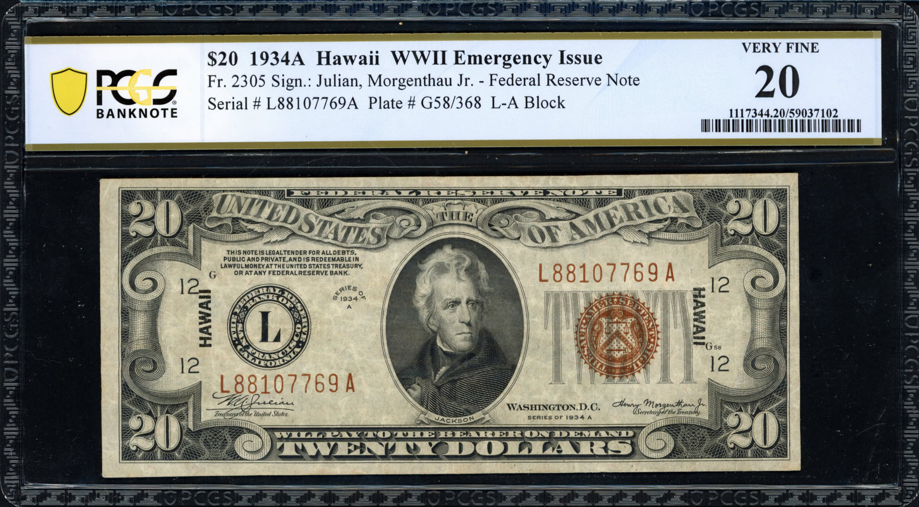 Fr. 2305 (LA Block) 1934A $20 Hawaii WWII Emergency Issue Note Julian ...