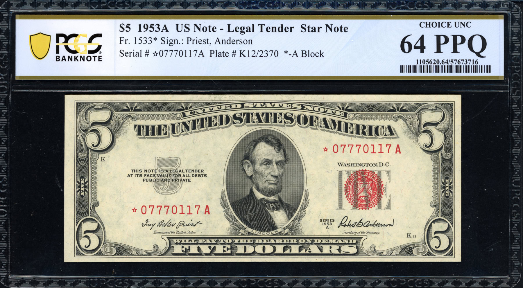 Fr. 1533* (*A Block) 1953A $5 Legal Tender Star Note Priest / Anderson ...