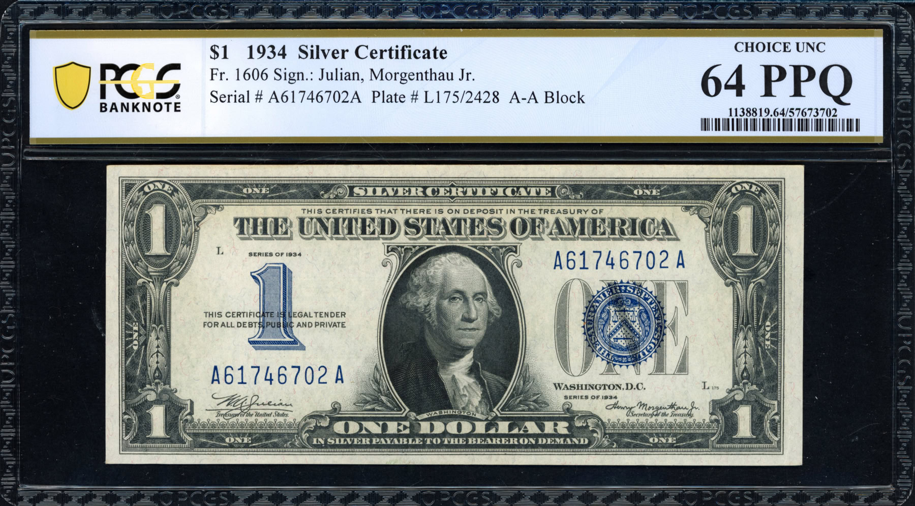 Fr. 1606 (AA Block) 1934 $1 Silver Certificate Note Julian / Morgenthau PCGS Banknote Choice Unc ...