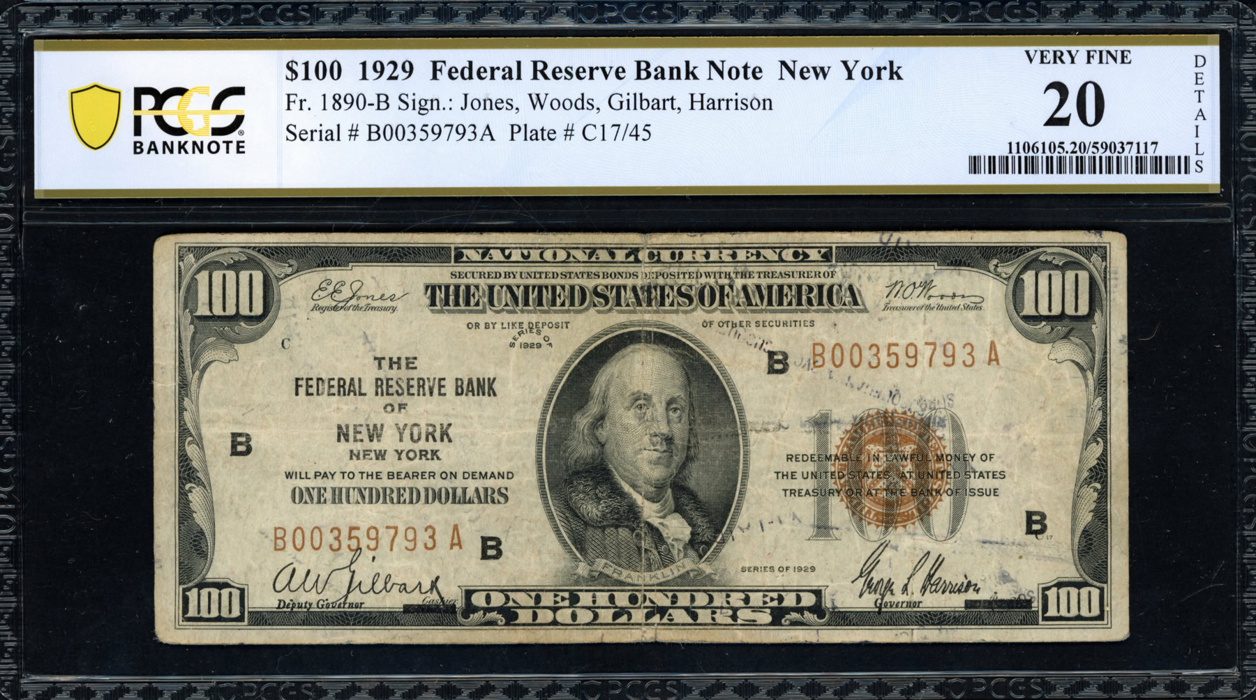 Fr. 1890-B (BA Block) 1929 $100 New York Federal Reserve Bank Note Jones / Woods PCGS Banknote ...