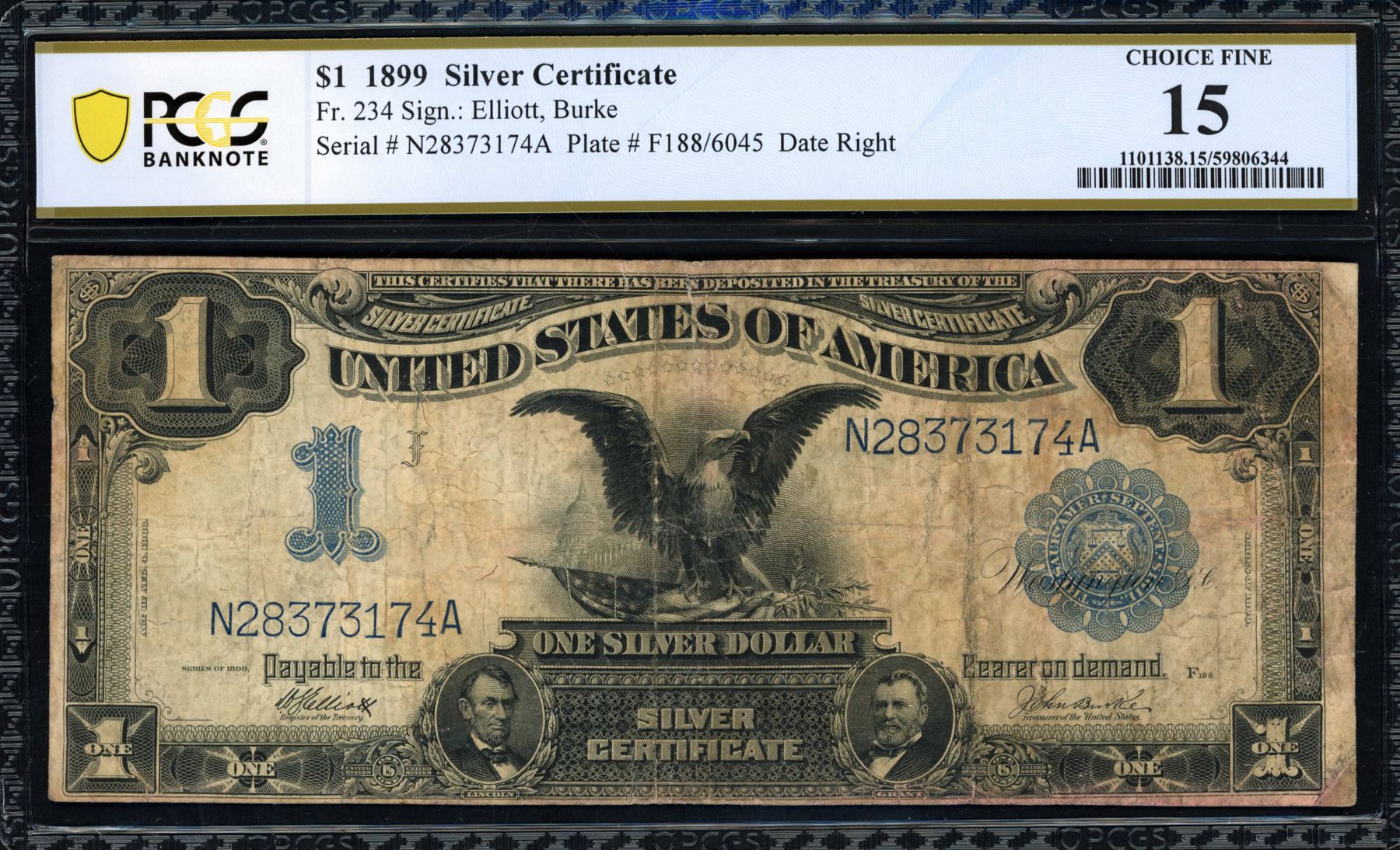 Fr. 234 1899 $1 Silver Certificate Note Elliott / Burke PCGS Banknote ...