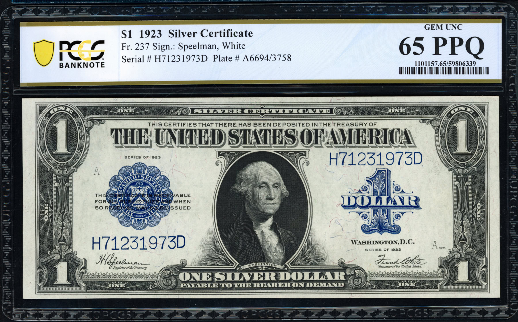 Fr. 237 1923 $1 Silver Certificate Note Speelman / White PCGS Banknote Gem Unc 65 PPQ | PCGS ...
