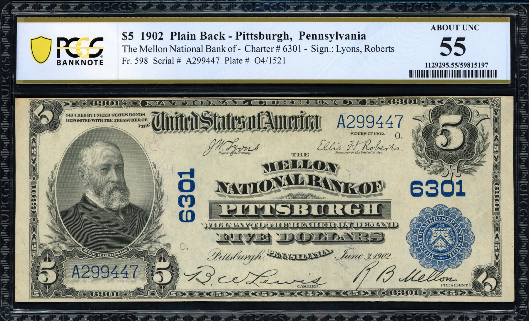 Fr. 598 Pittsburgh, Pennsylvania 1902 $5 Plain Back Note The Mellon ...