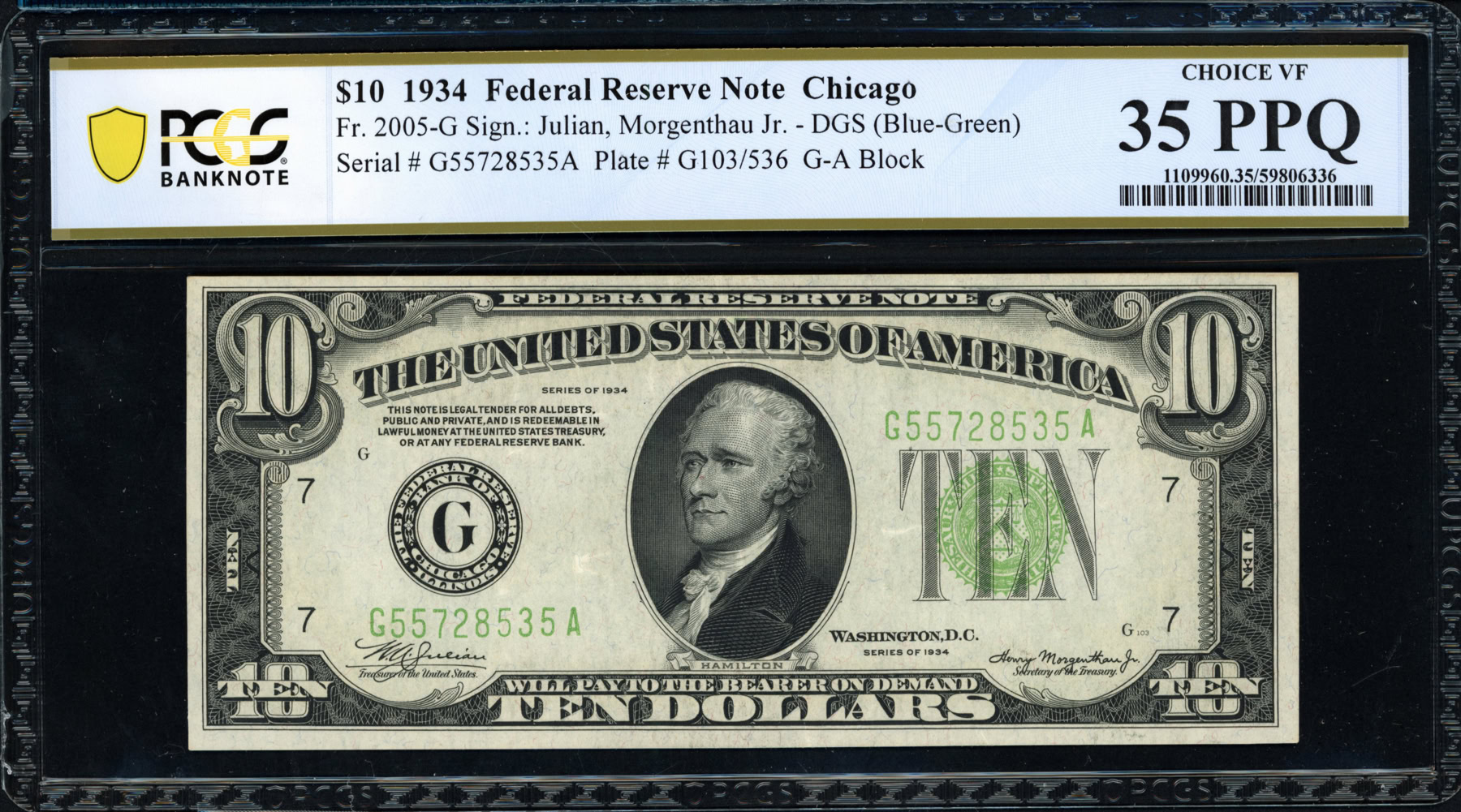 Fr. 2005-G Dark Green (GA Block) 1934 $10 Chicago Federal Reserve Note ...