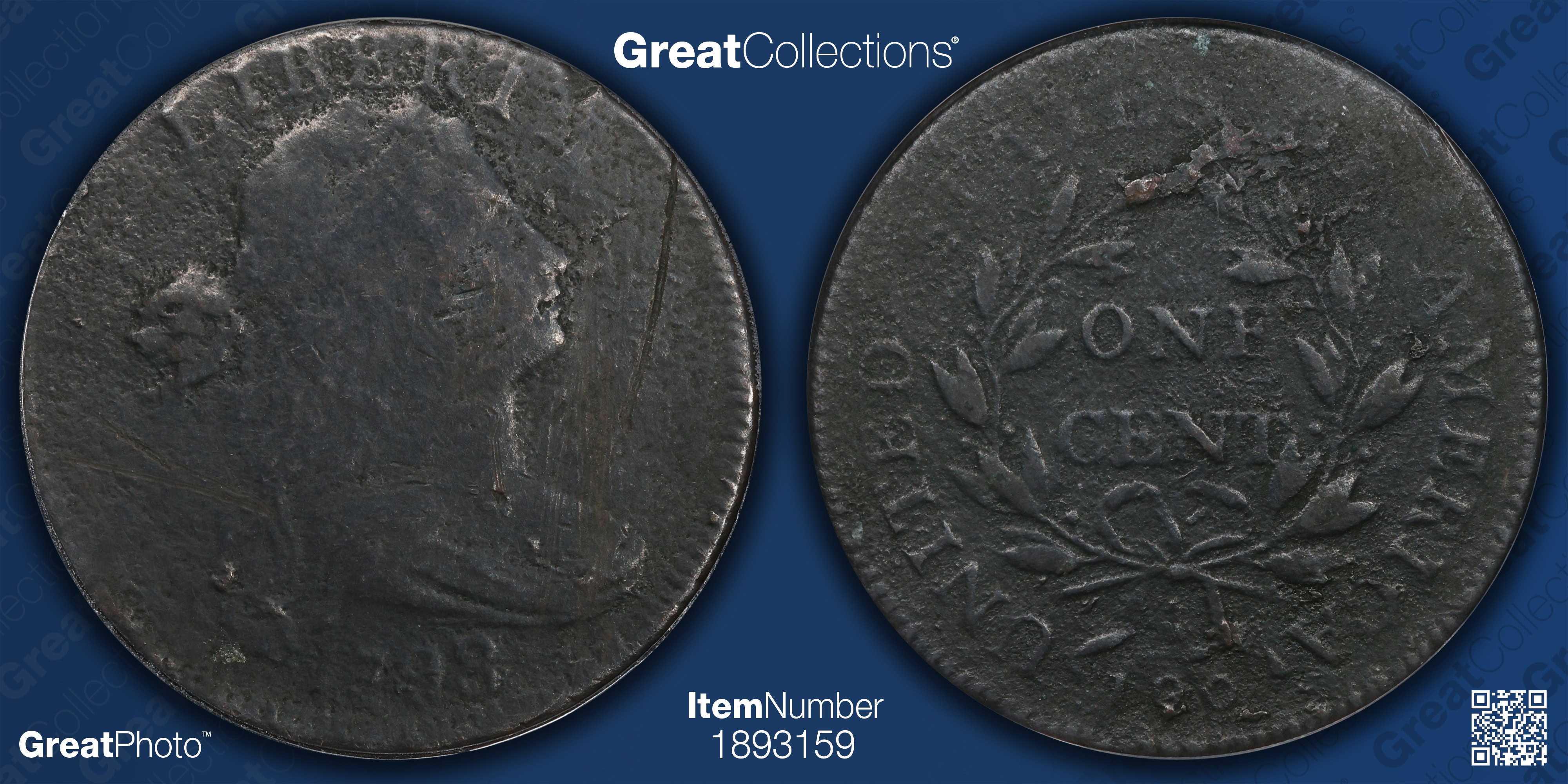 1798/7 Draped Bust Cent Style 1 Hair Sheldon 152 ANACS VG-10 Details ...