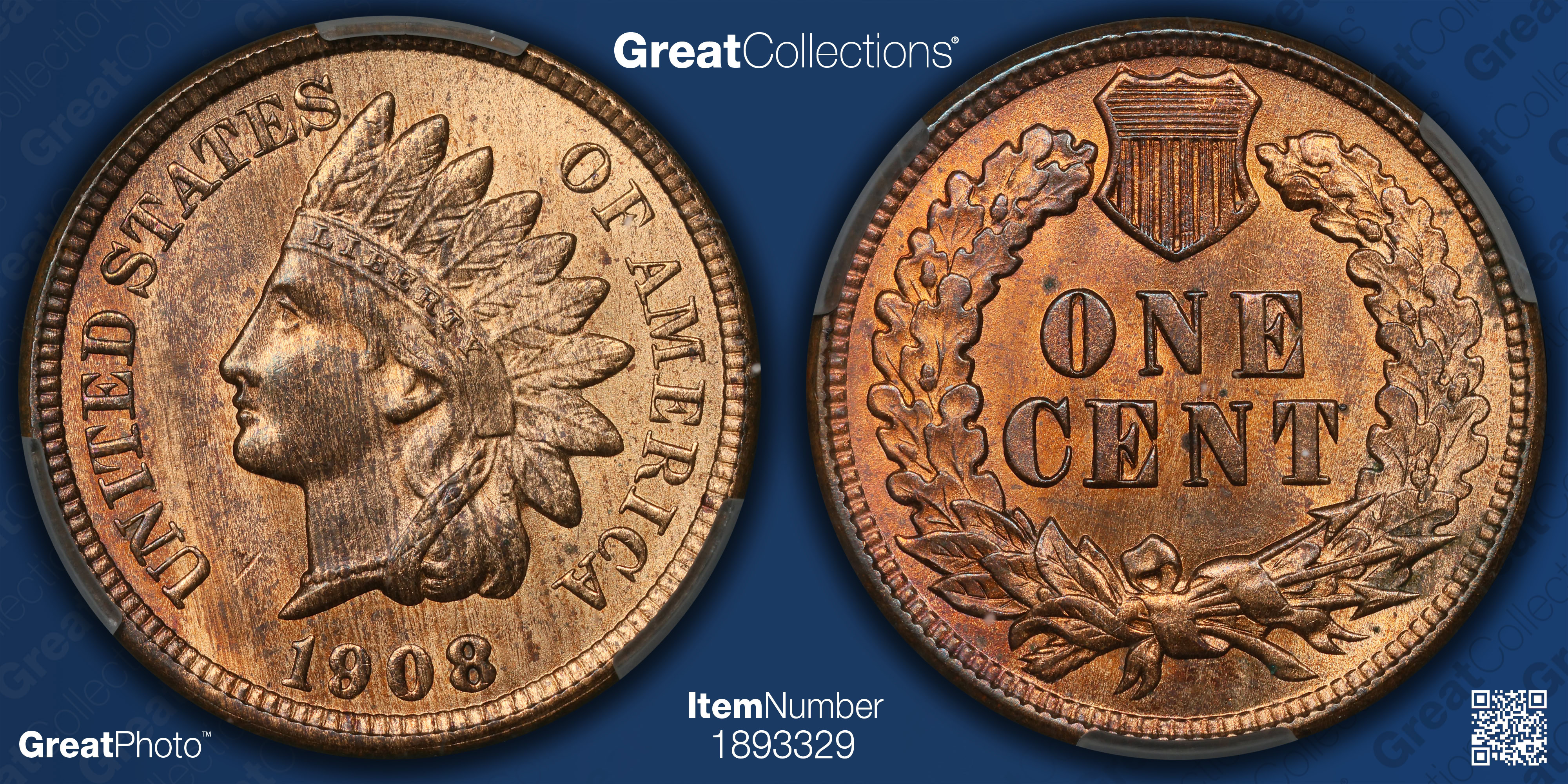 1908 Indian Cent CACG MS-64 RB (Item 1893329) | GreatCollections Coin ...