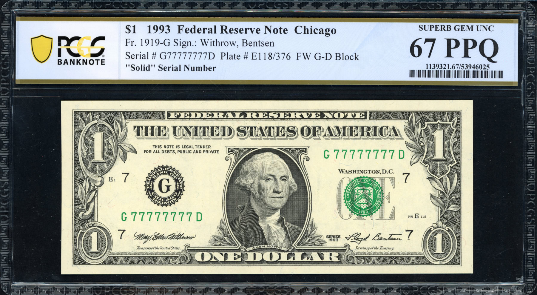Fr. 1919-G (GD Block) 1993 $1 Chicago Federal Reserve Note *Solid 7s ...