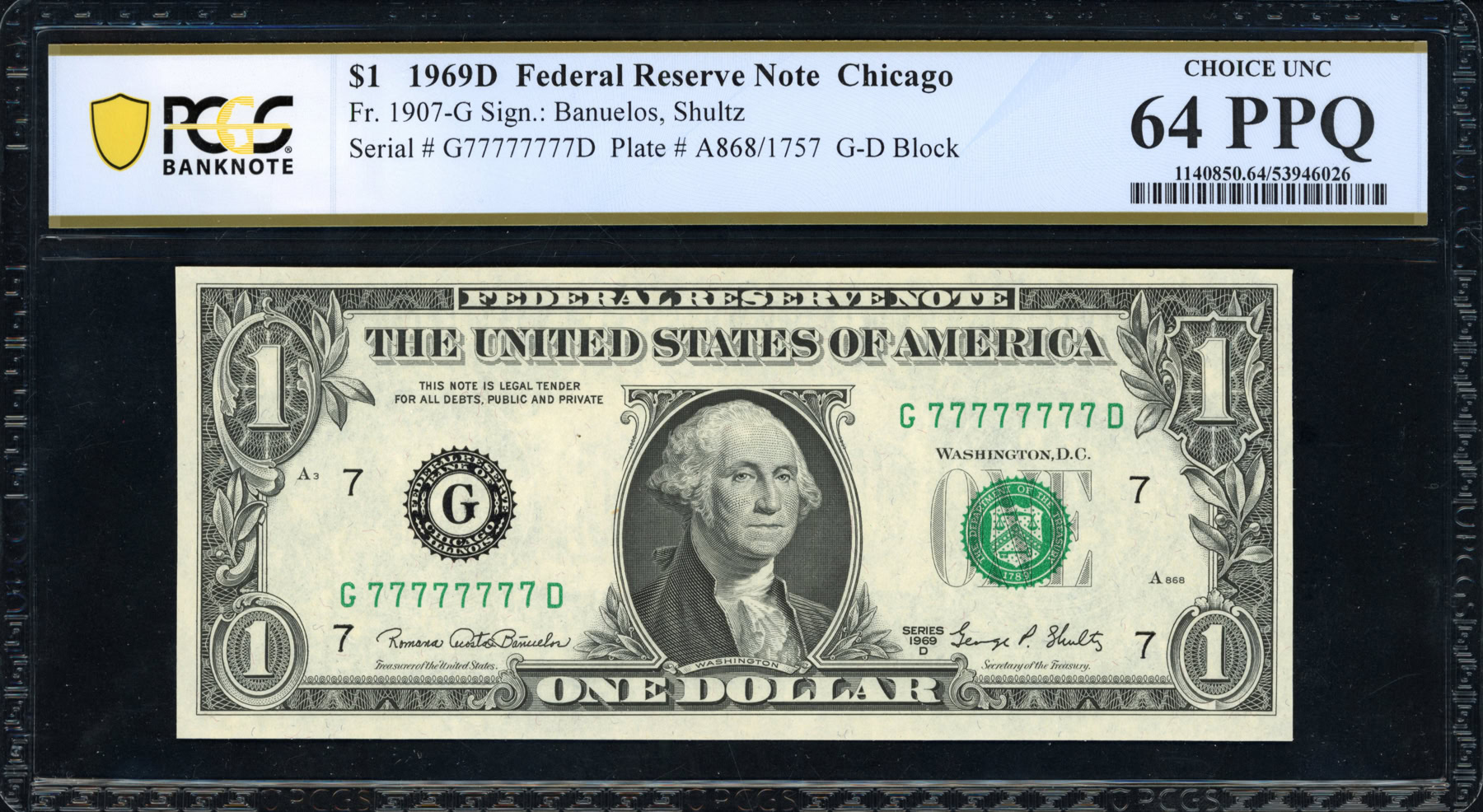 Fr. 1907-G (GD Block) 1969D $1 Chicago Federal Reserve Note *Solid 7s ...