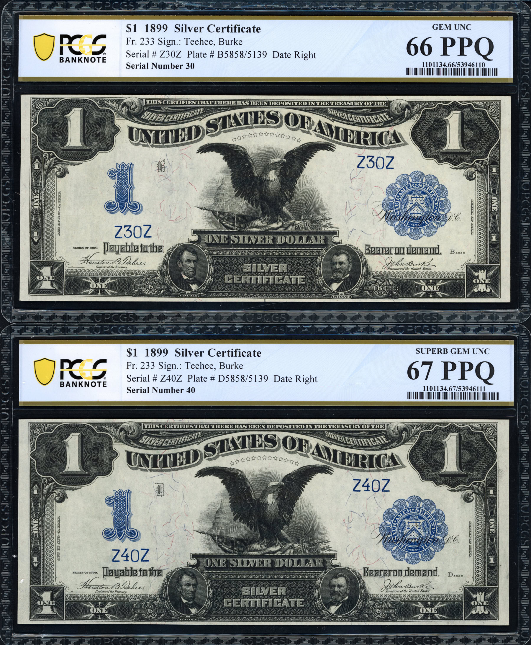 Fr. 233 1899 $1 Silver Certificate Notes *Two Digit Serial Number Set ...