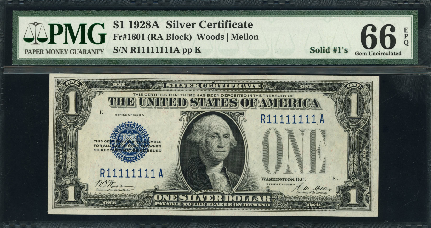 Fr. 1601 (RA Block) 1928A $1 Silver Certificate Note *Solid 1s Serial Number* Woods / Mellon PMG ...