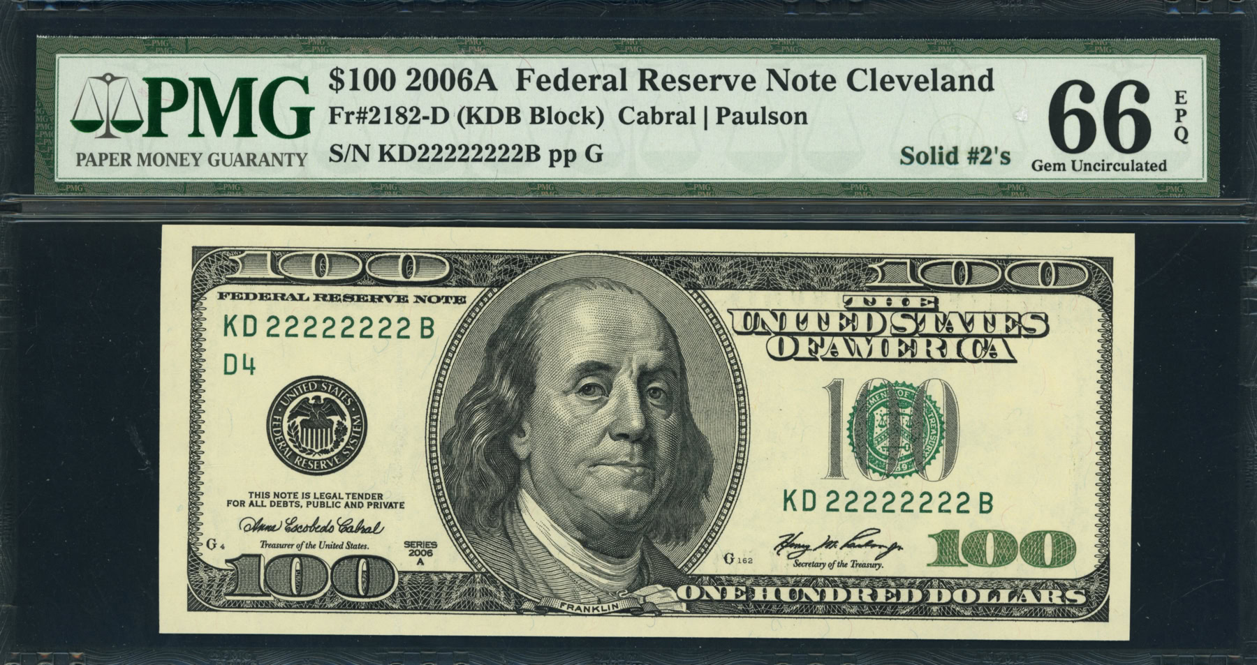 Fr. 2182-D (KDB Block) 2006A $100 Cleveland Federal Reserve Note *Solid ...