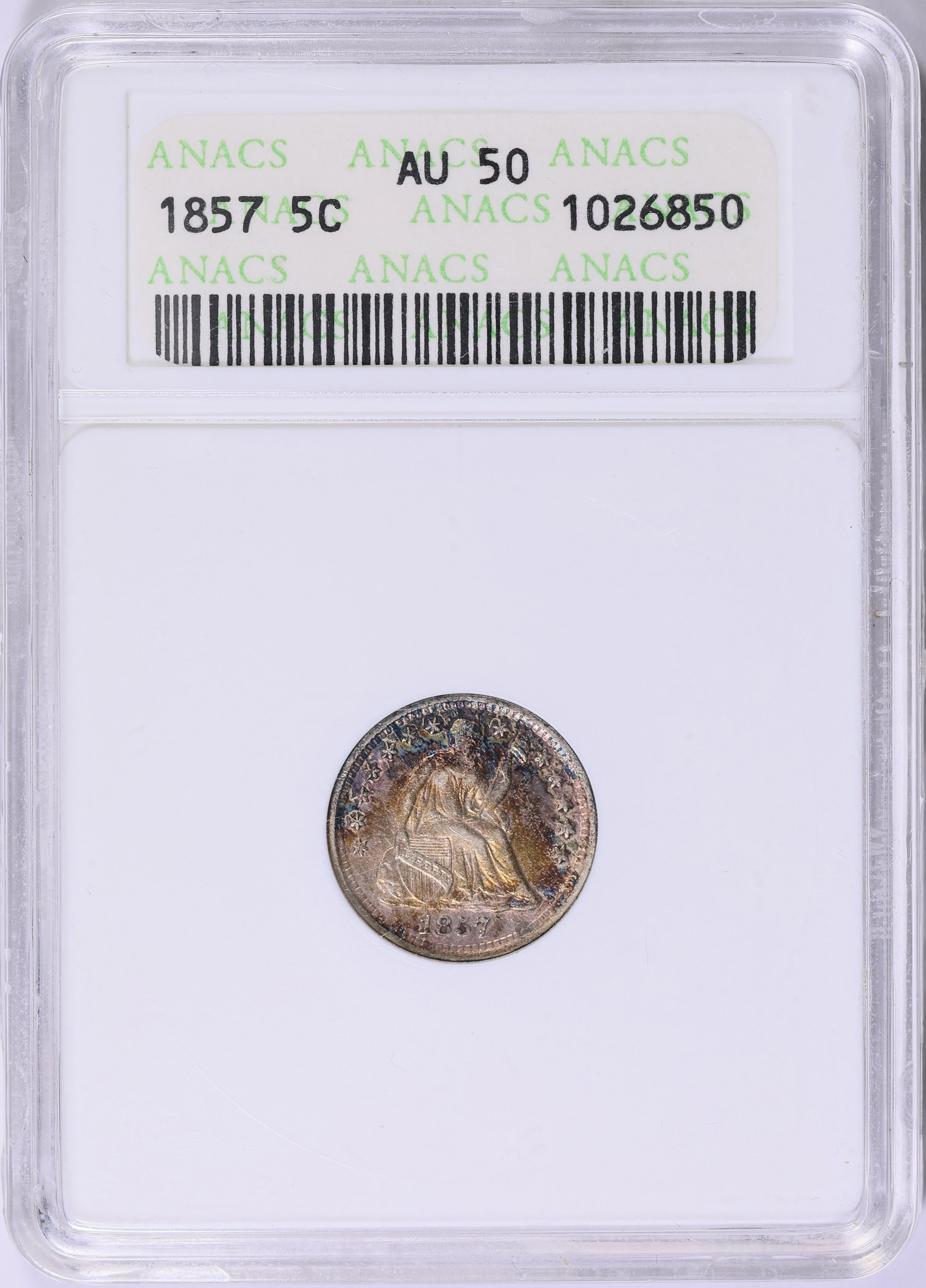 1857 Seated Liberty Half Dime ANACS AU-50 OH (Toned) (Item 1894297) | GreatCollections Coin Auctions