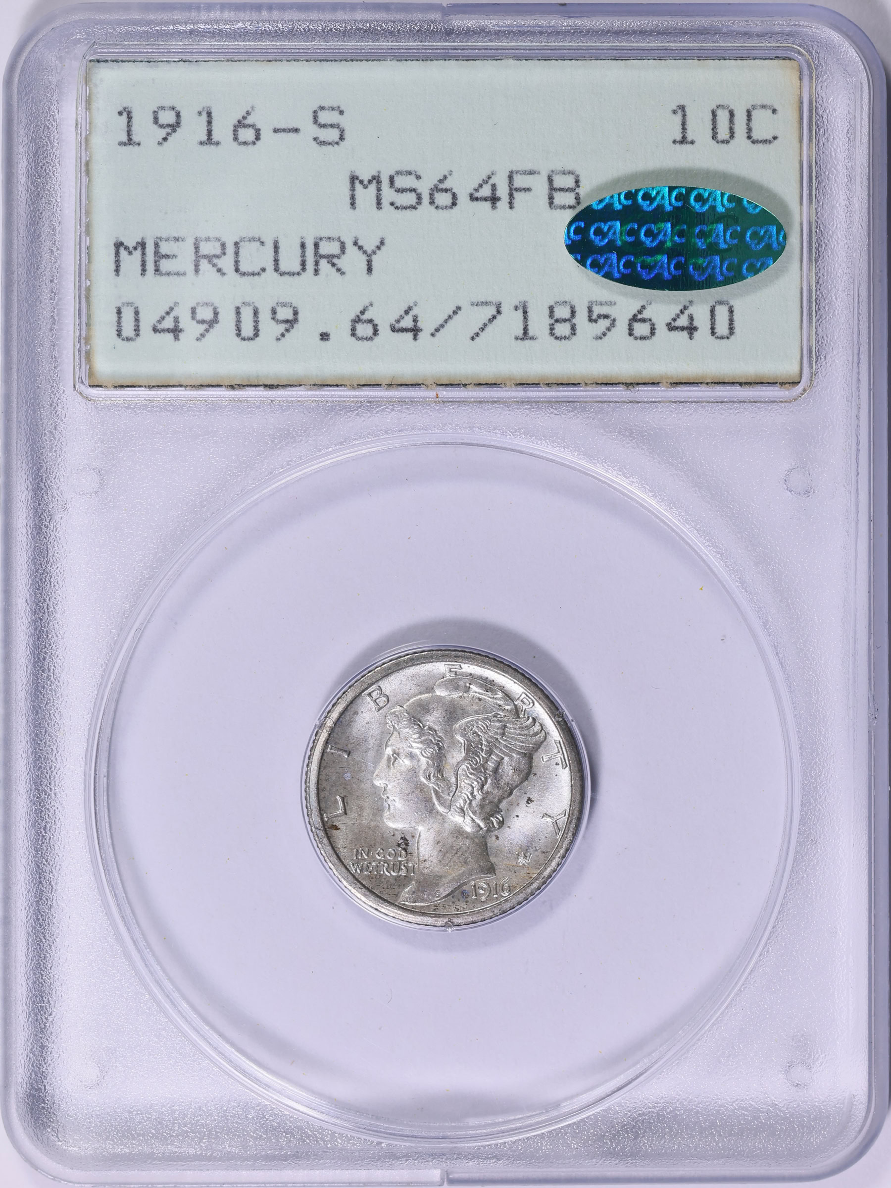 1916-S Mercury Dime PCGS MS-64 FB (CAC Green) OGH (1st Gen) (Item 1894300) | GreatCollections ...