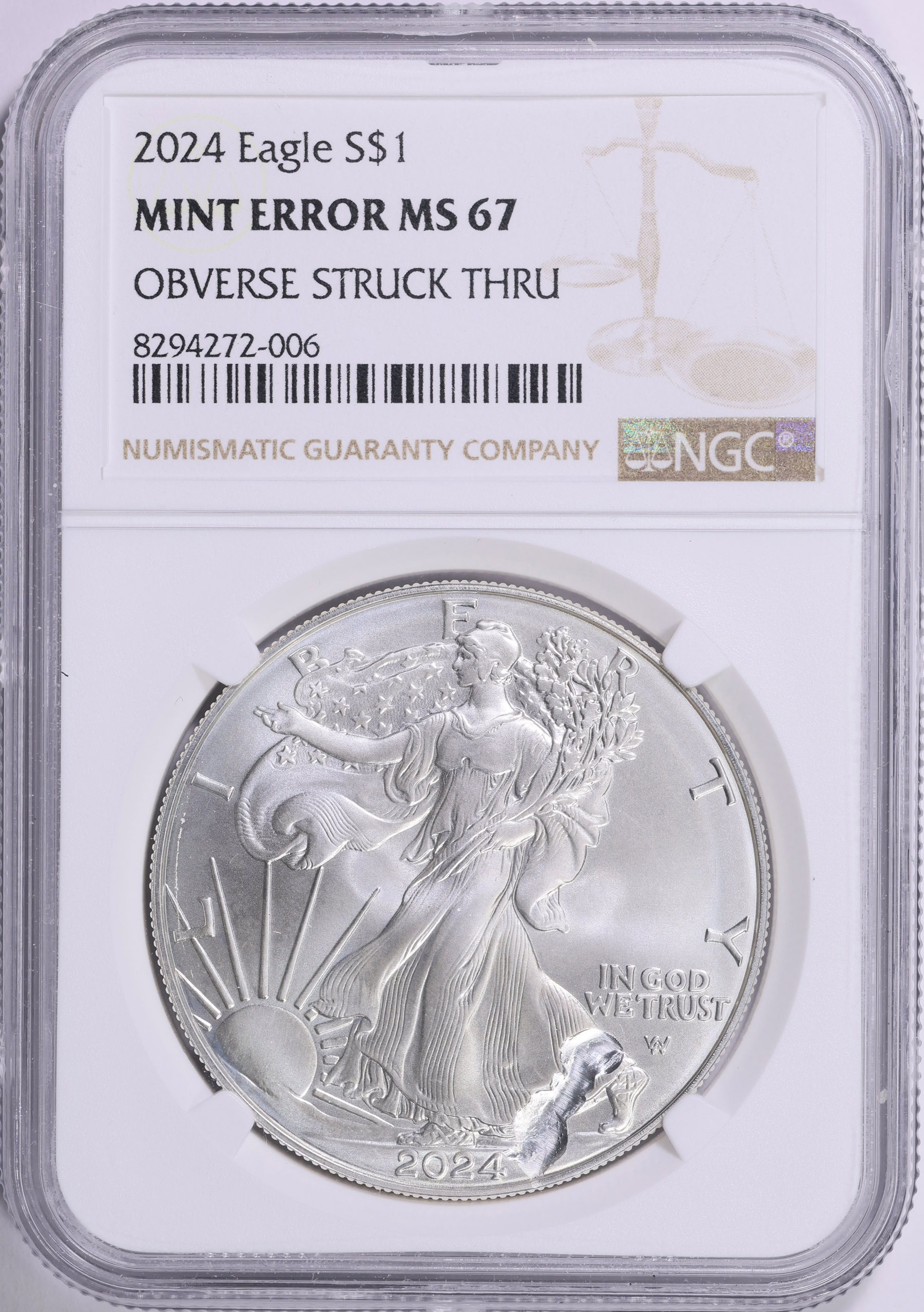 Mint Error 2024 $1 Silver Eagle Obverse Struck Through NGC MS-67 | NGC Cert #8294272-006 ...
