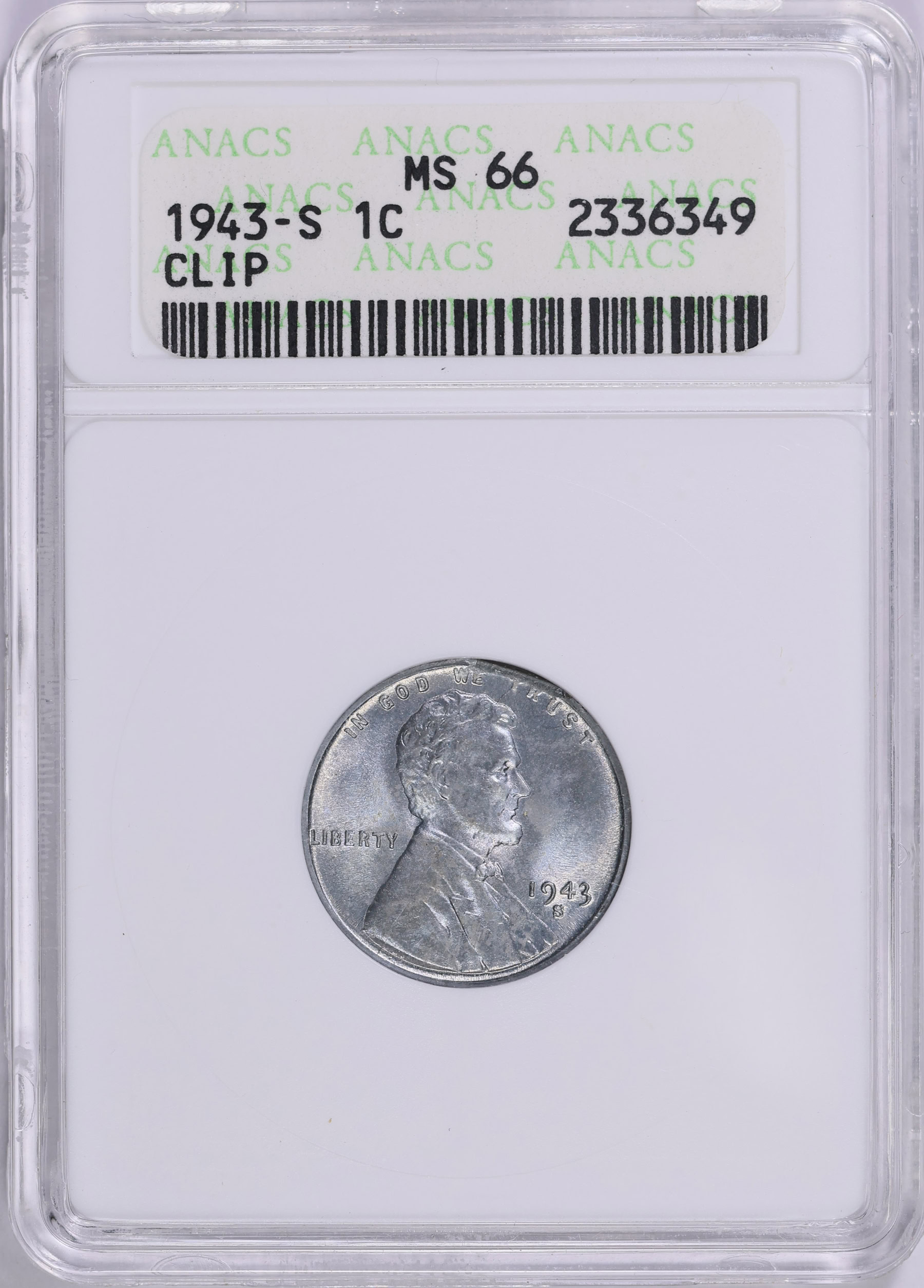 Mint Error 1943-S Lincoln Cent Clip ANACS MS-66 OH | ANACS Cert #2336349 | GreatCollections Coin ...