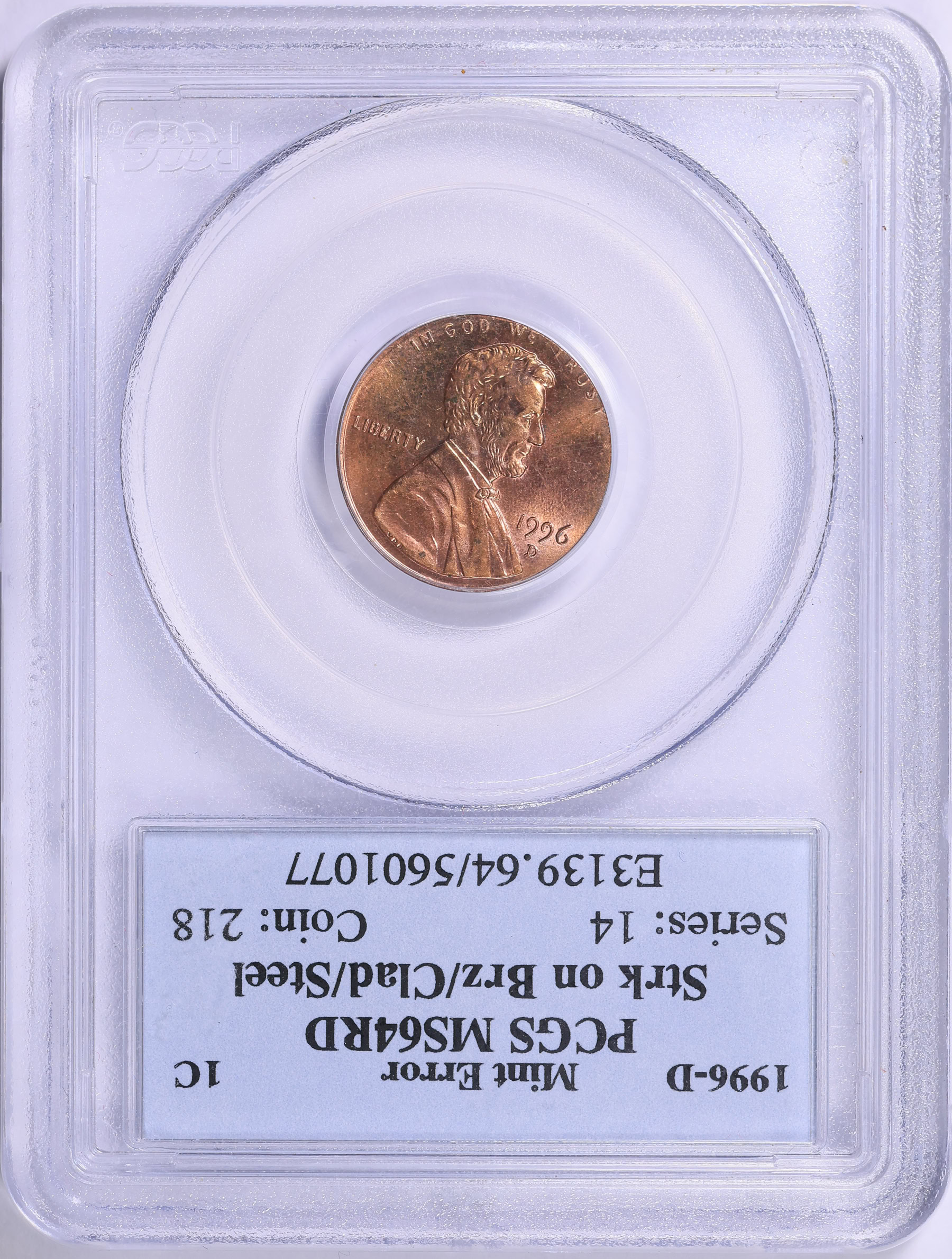Mint Error 1996-D Lincoln Cent Struck on Bronze/ Clad/ Steel PCGS MS-64 ...