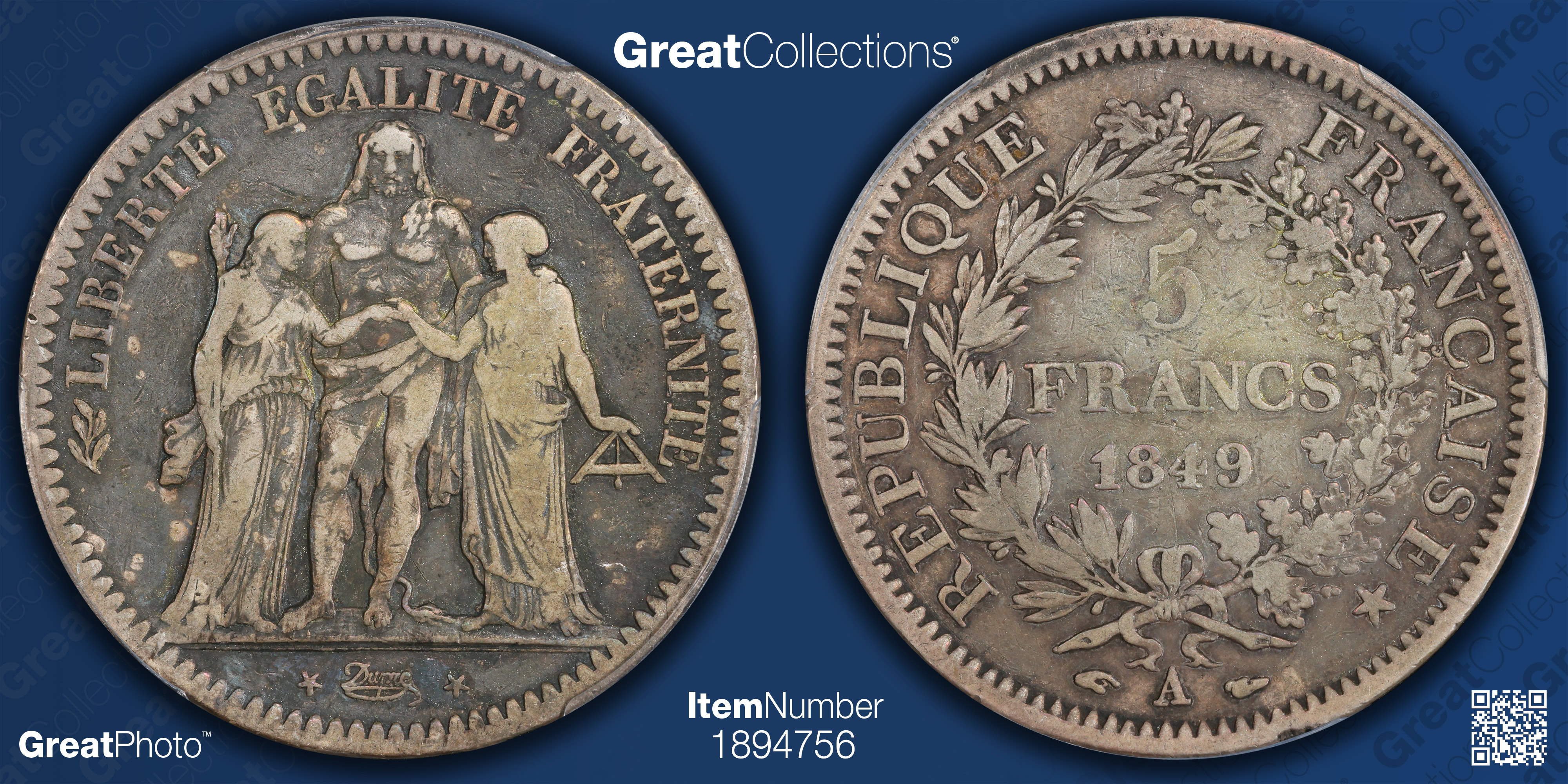 France 1849-A Silver 5 Francs Hercule KM-756.1 PCGS VF-30 (Item 1894756 ...