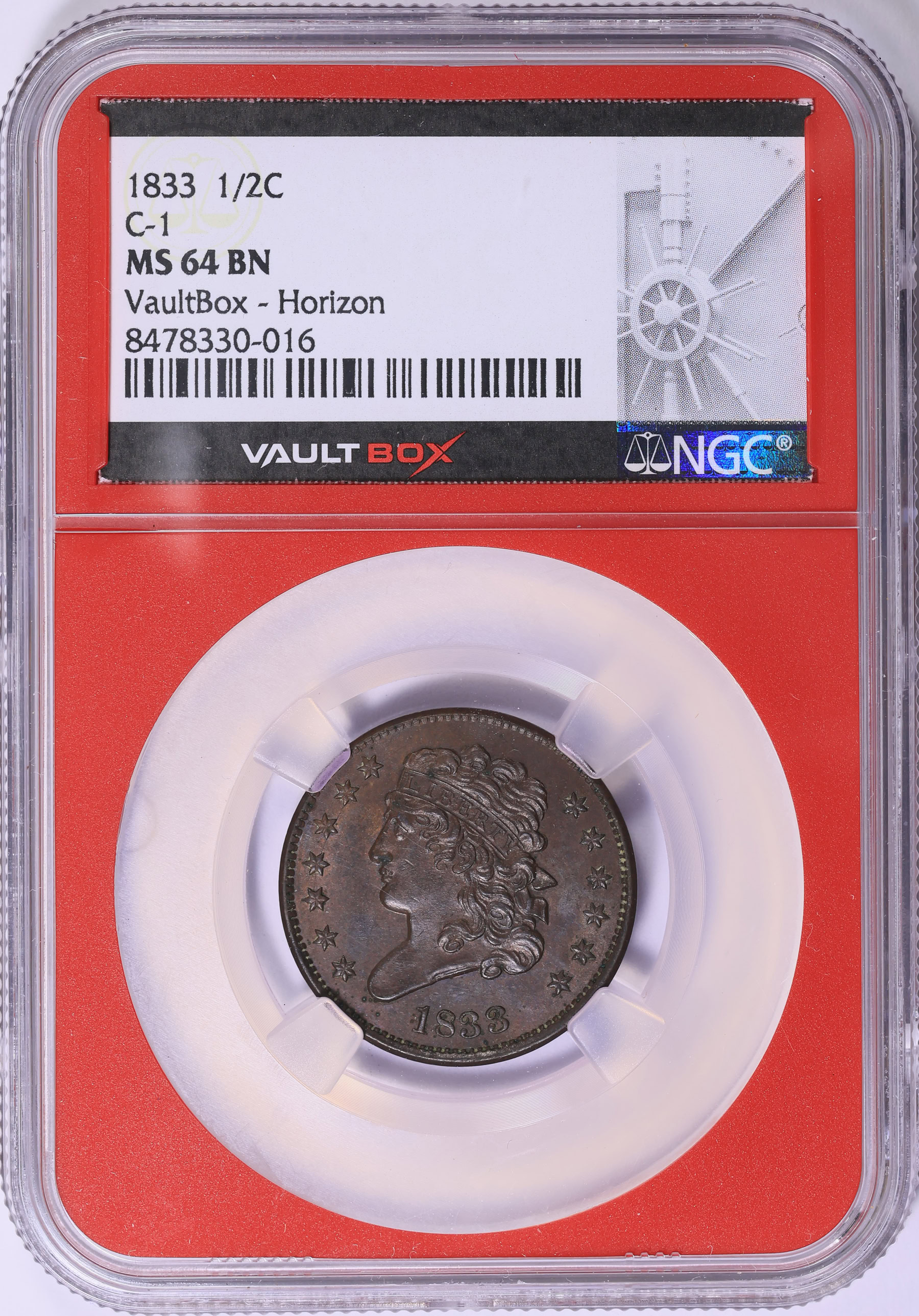 1833 Classic Half Cent Cohen 1 NGC MS-64 BN (VaultBox Horizon Red Holder) (Item 1895499 ...