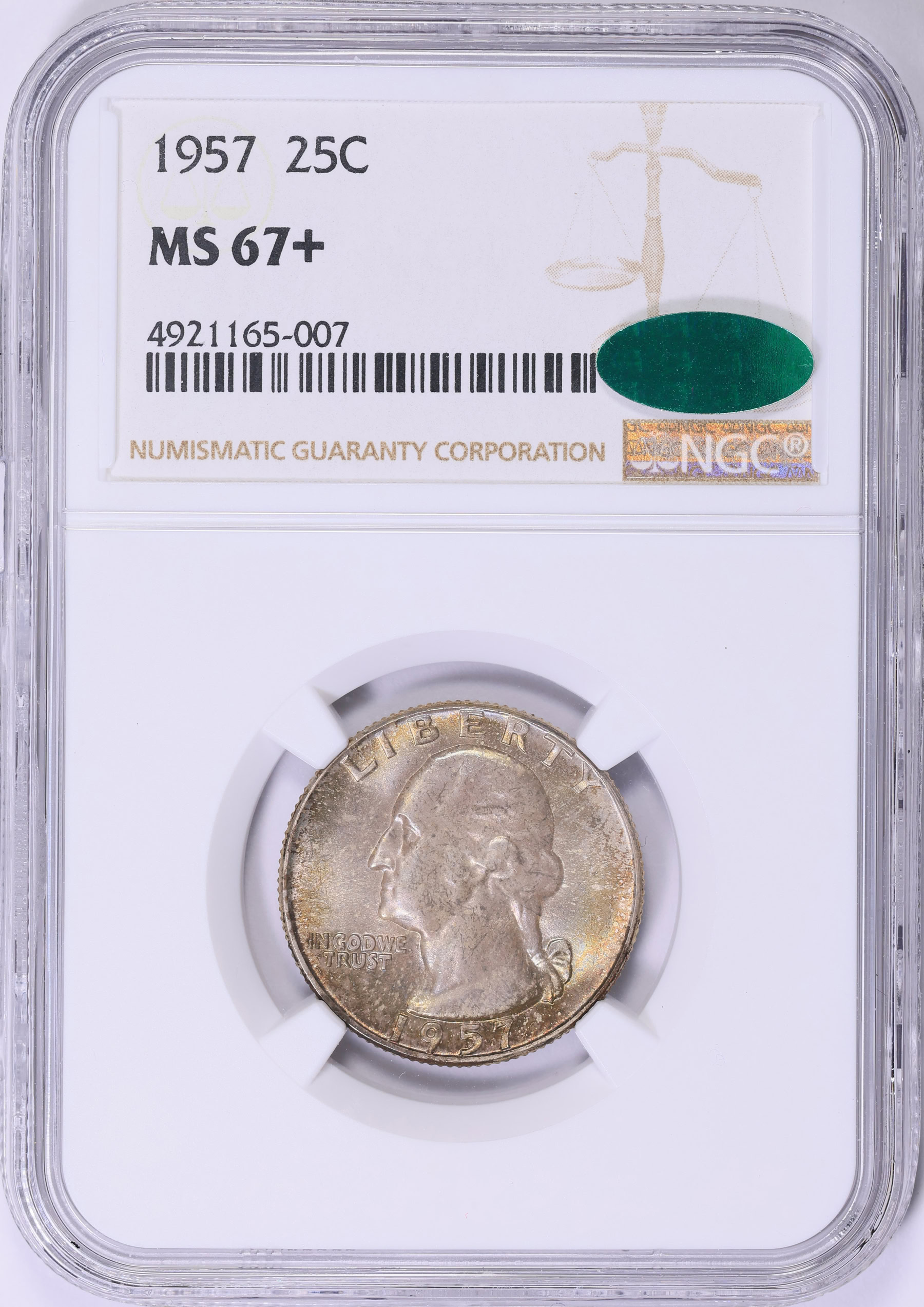 1957 Washington Quarter NGC MS-67+ (CAC Green) (Toned) (Item 1895636) | GreatCollections Coin ...