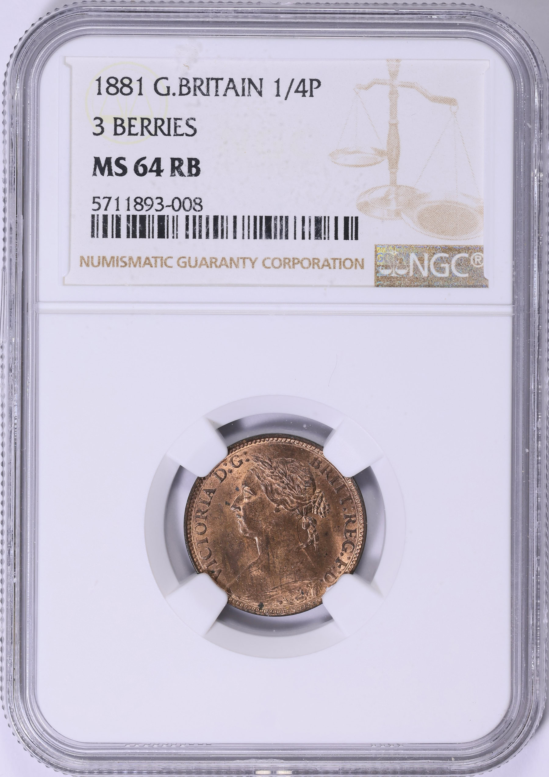 Great Britain 1881 Farthing Three Berries KM-747 NGC MS-64 RB (Item ...