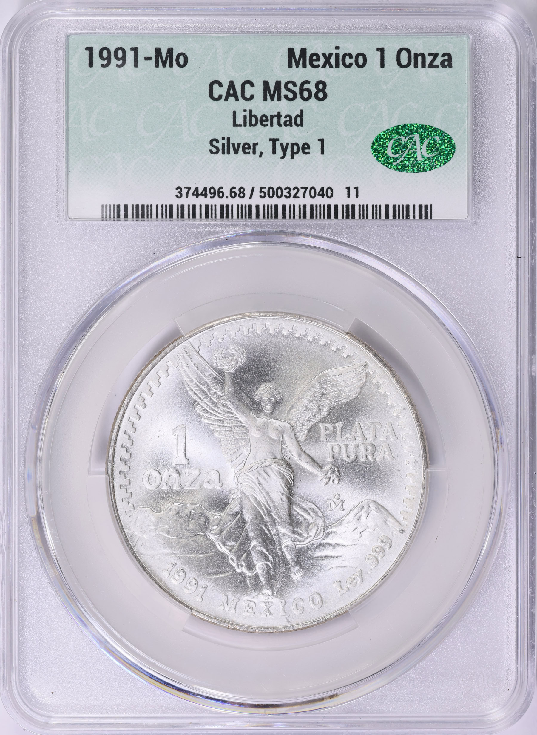 Mexico 1991-Mo Silver Onza Libertad Type 1 KM-494.2 CACG MS-68 (Item 1895685) | GreatCollections ...