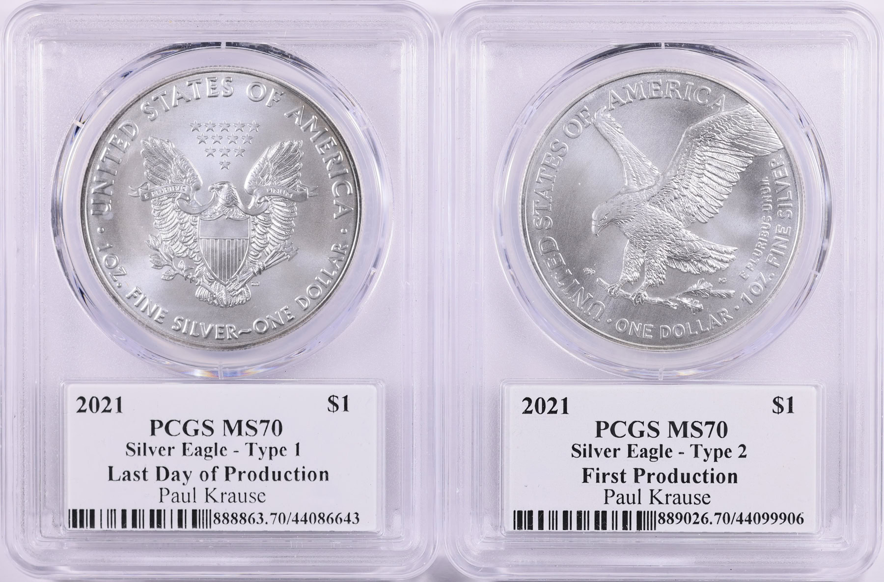2021 $1 Silver Eagle Type 1 Last Day of Production and Type 2 First Production Legends of Life ...