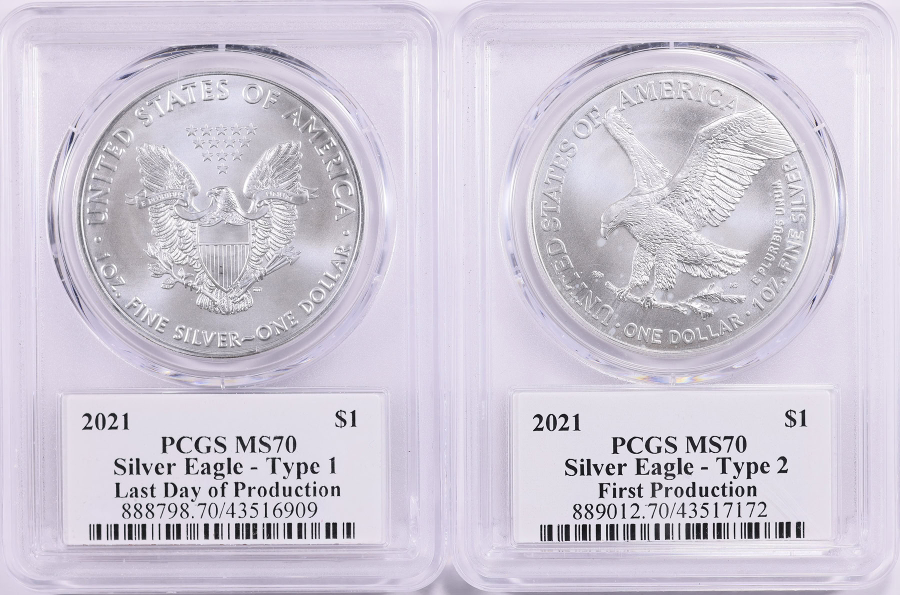 2021 $1 Silver Eagle Type 1 Last Day of Production and Type 2 First Production PCGS MS-70 ...
