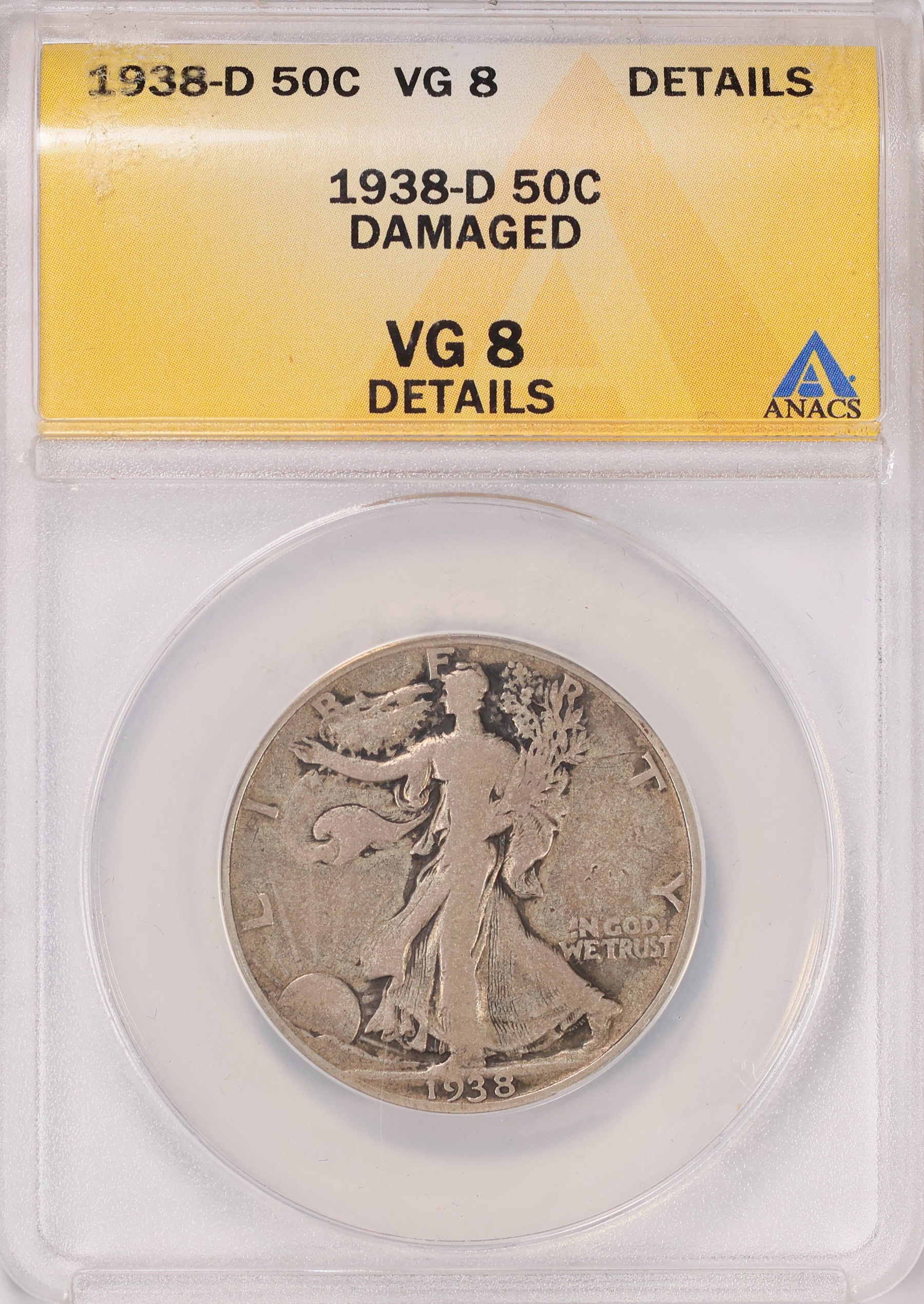 1938-D Walking Liberty Half Dollar ANACS VG-08 Details (Item 1896784) | GreatCollections Coin ...