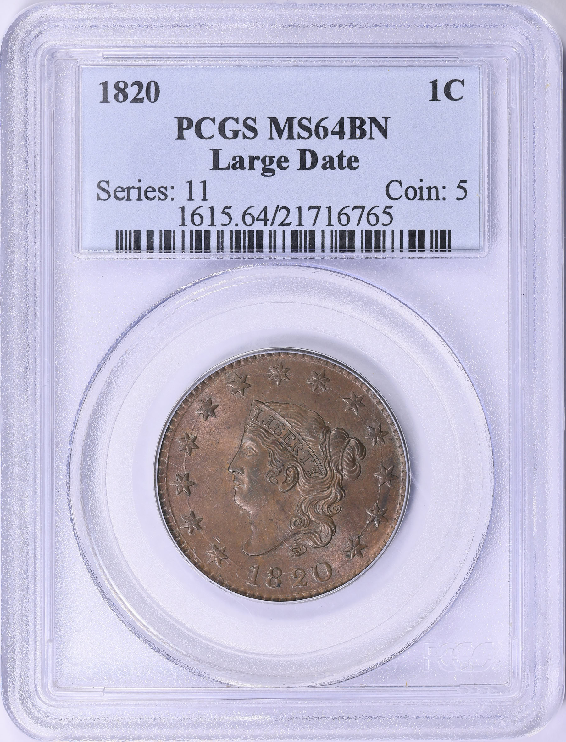 1820 Matron Cent Large Date PCGS MS-64 BN (Item 1896964 ...