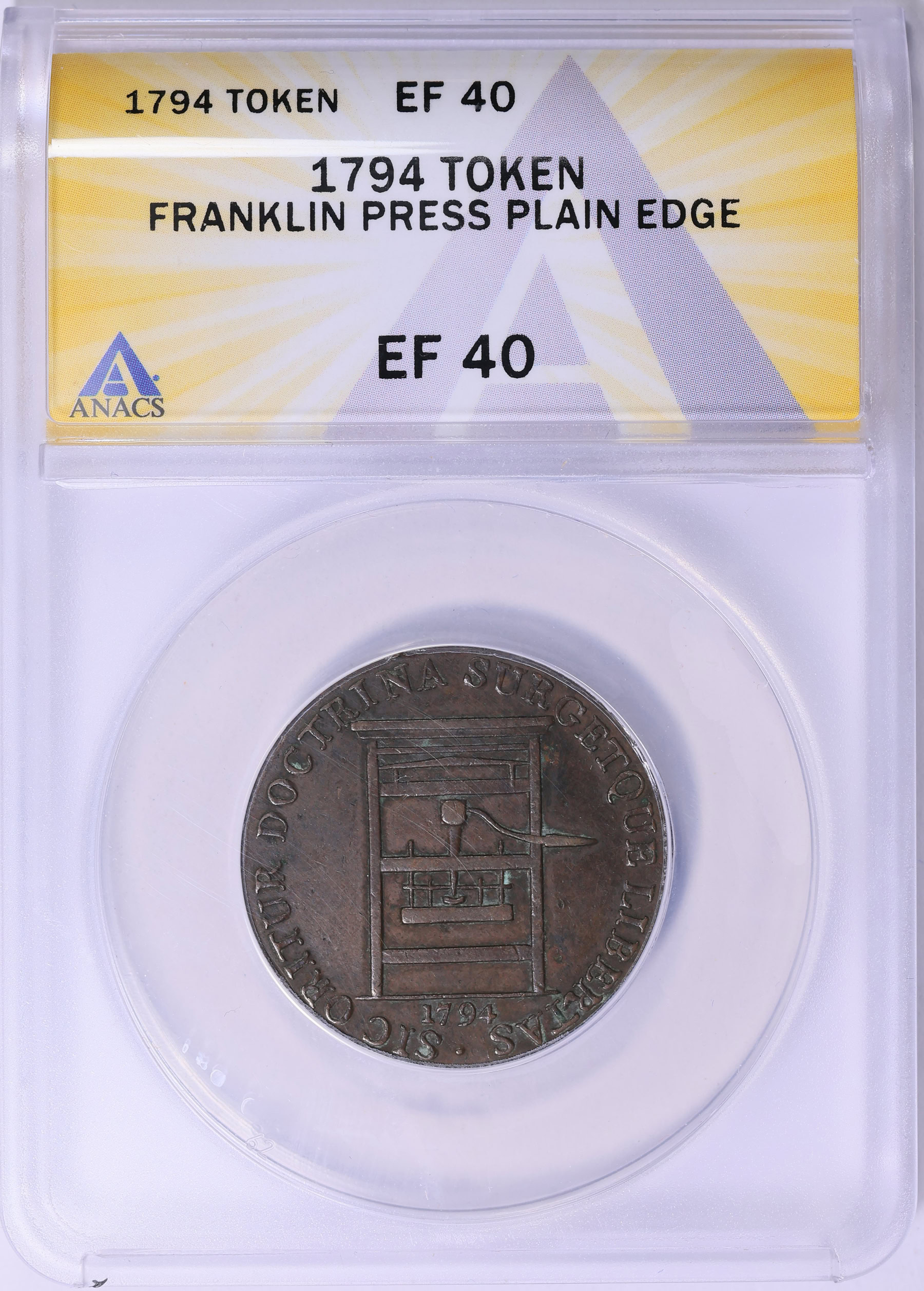 1794 Franklin Press Token Plain Edge ANACS XF-40 (Item 1897030 ...