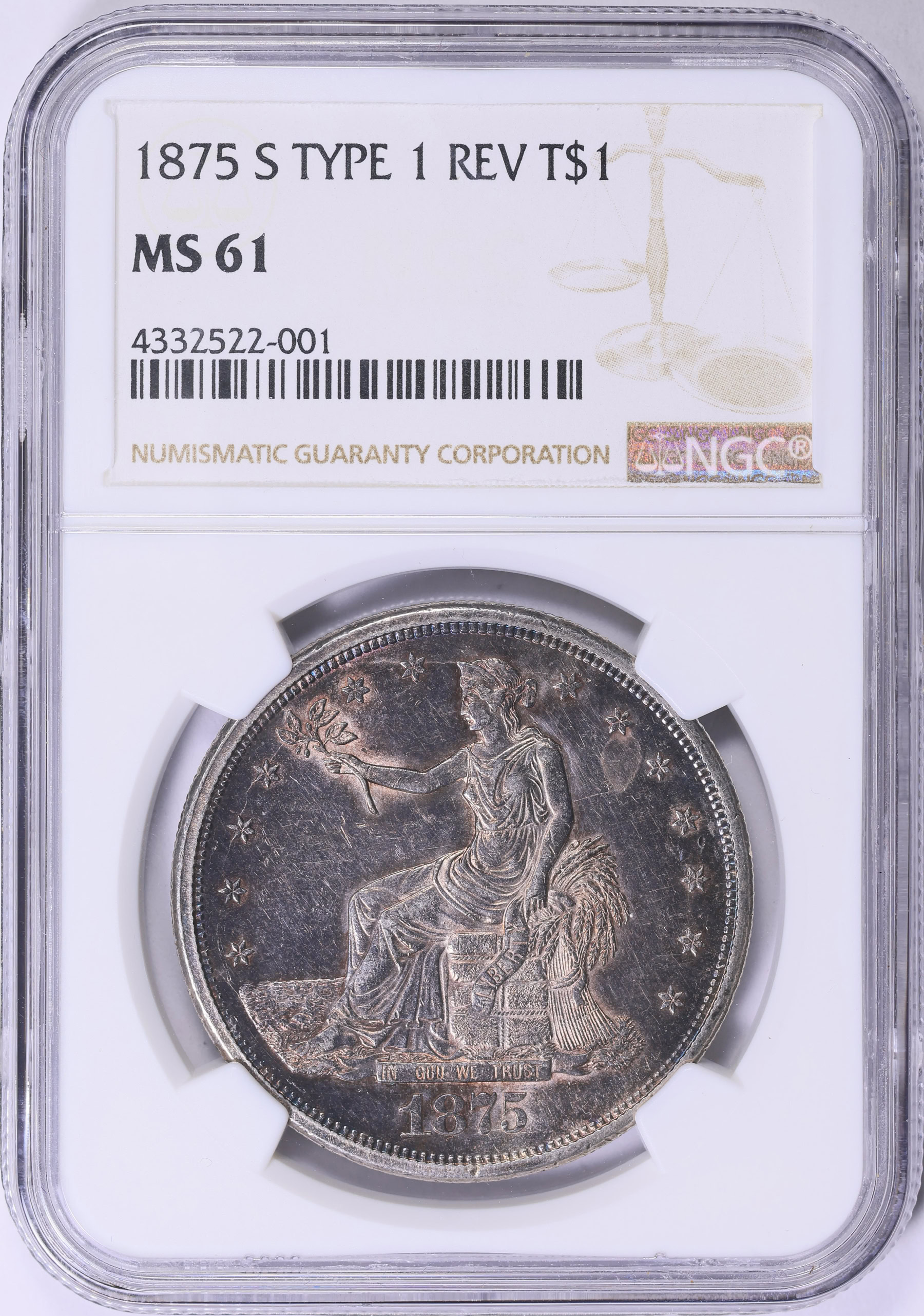 1875-S Trade Silver Dollar Obverse 1, Reverse 1 NGC MS-61 (Toned) (Item ...