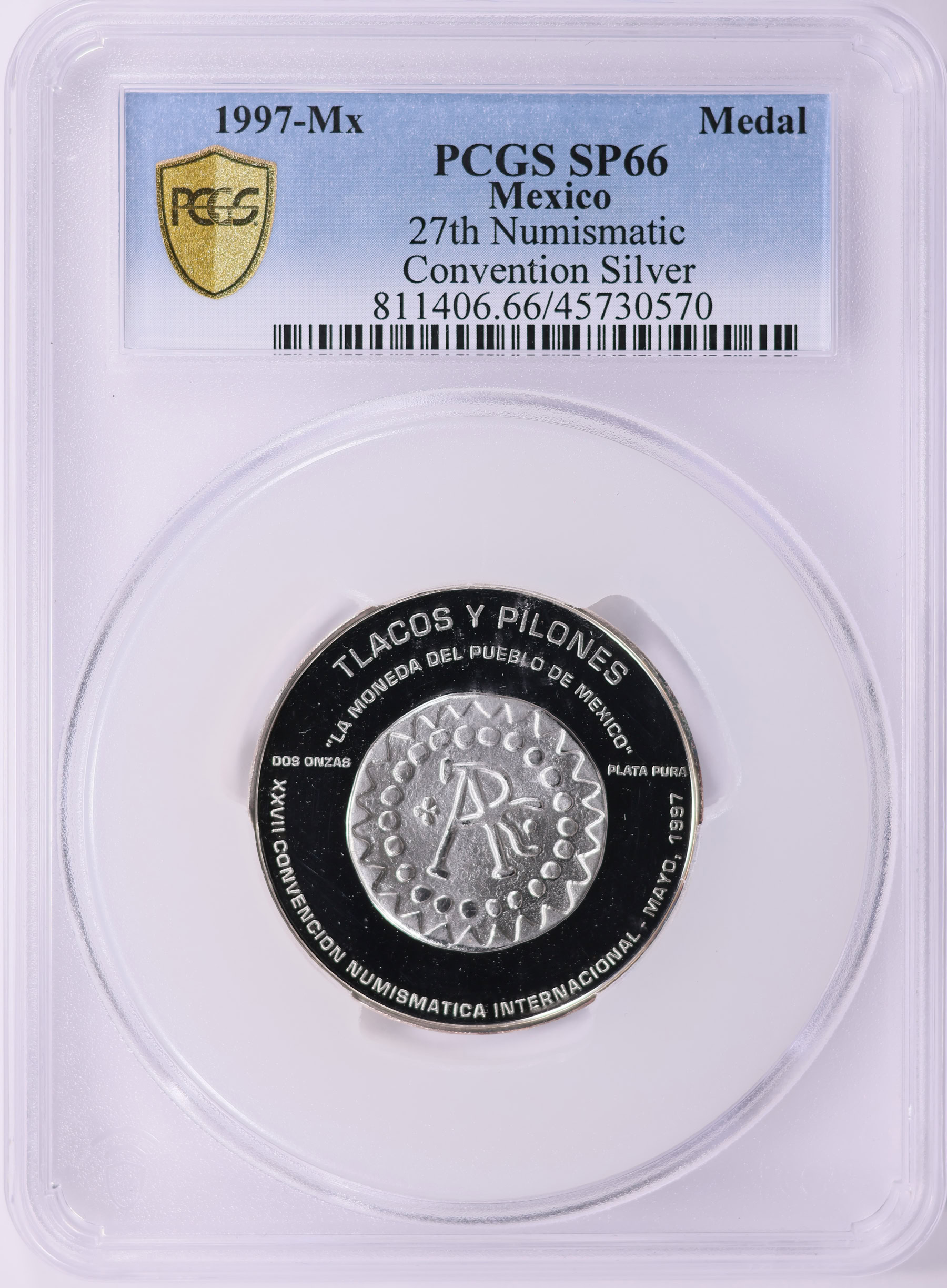 Mexico 1997-Mx Silver 48mm 27th Numismatic Convention Medal PCGS SP-66 ...