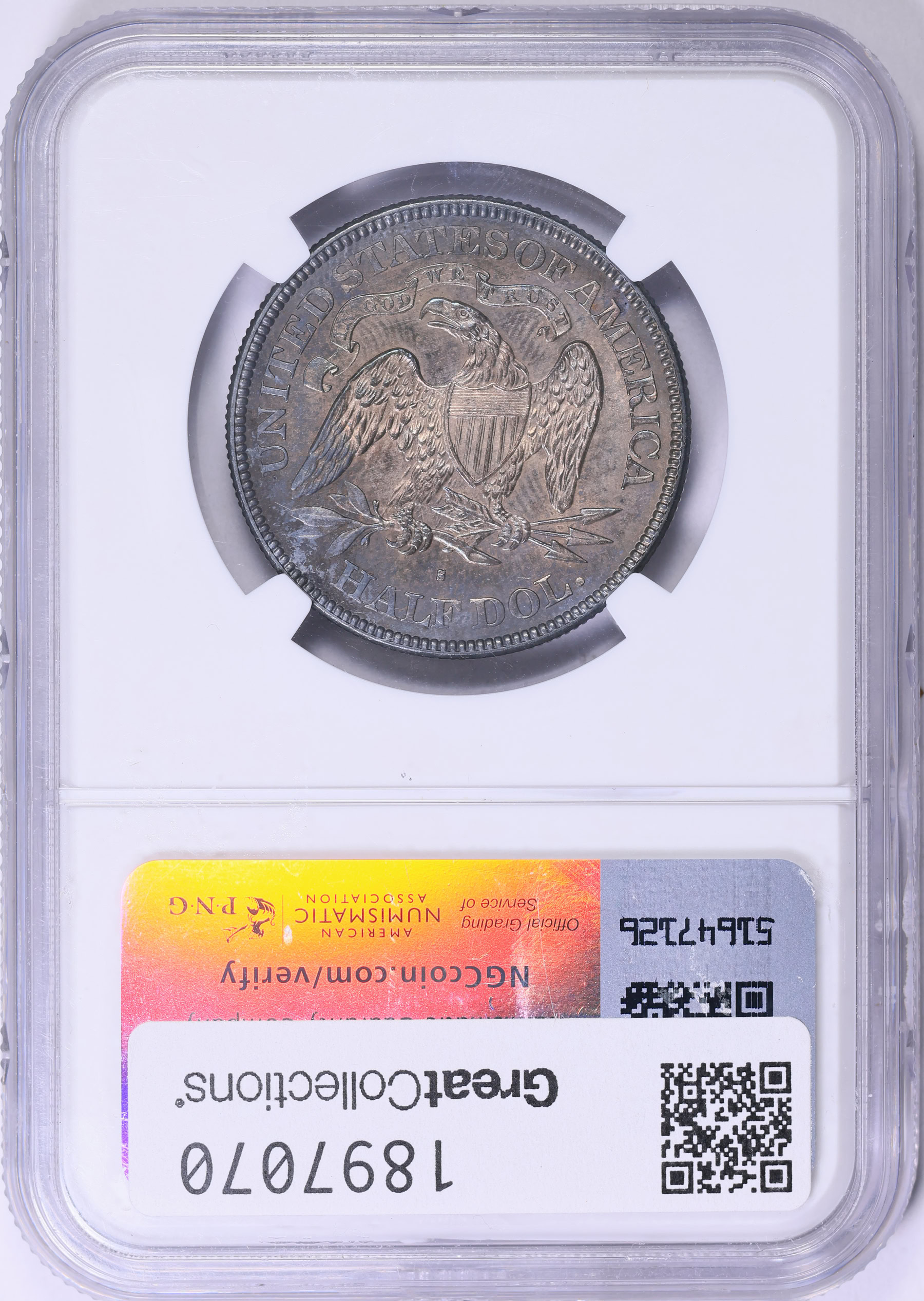 1877-S Seated Liberty Half Dollar Type 1 REV Micro S NGC MS-62 (Toned) | NGC Cert #6965533-004 ...