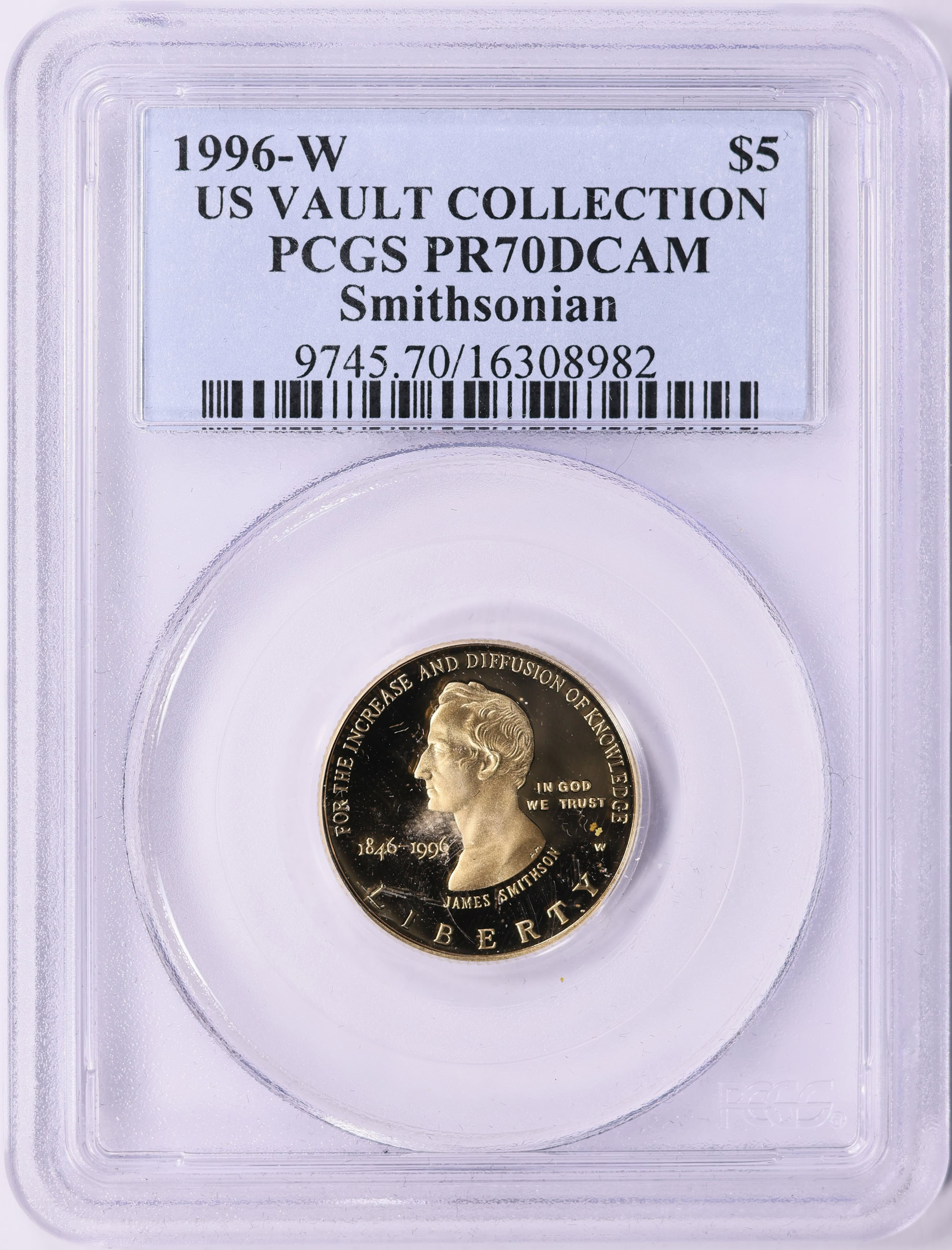 1996-W Smithsonian Institution 150th Anniversary Gold $5 PCGS Proof-70 ...