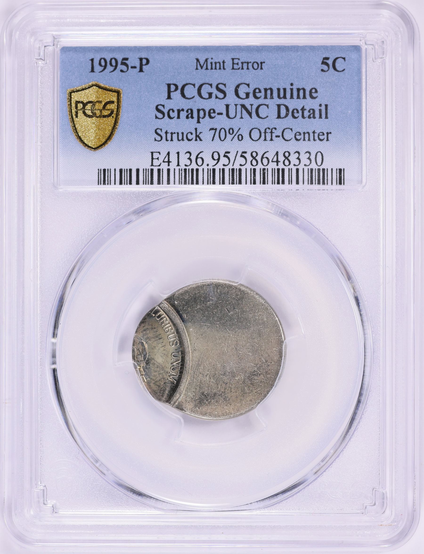 Mint Error 1995-P Jefferson Nickel Struck 70% Off Center PCGS Genuine ...