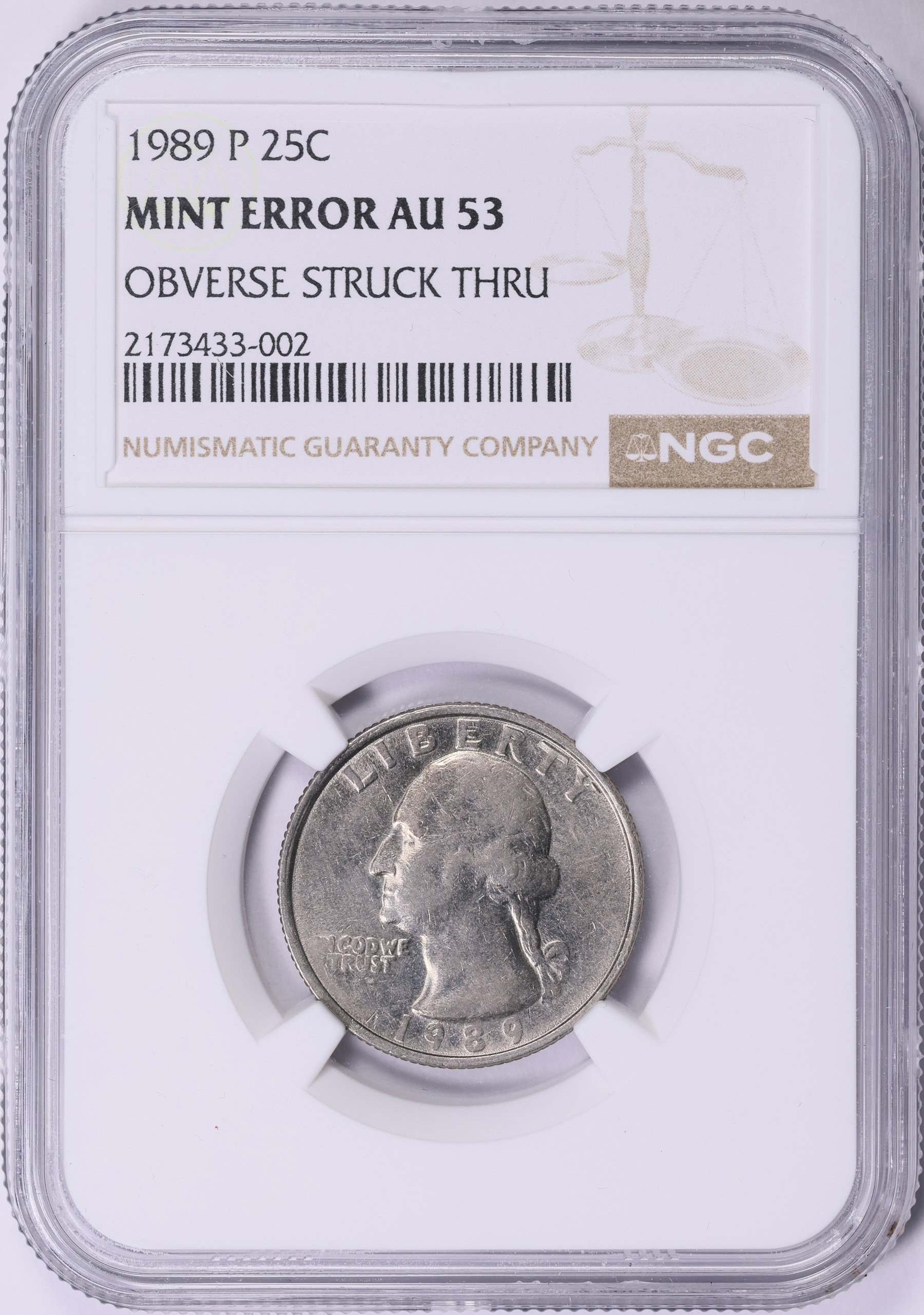 Mint Error 1989-P Washington Quarter Obverse Struck Thru NGC AU-53 ...