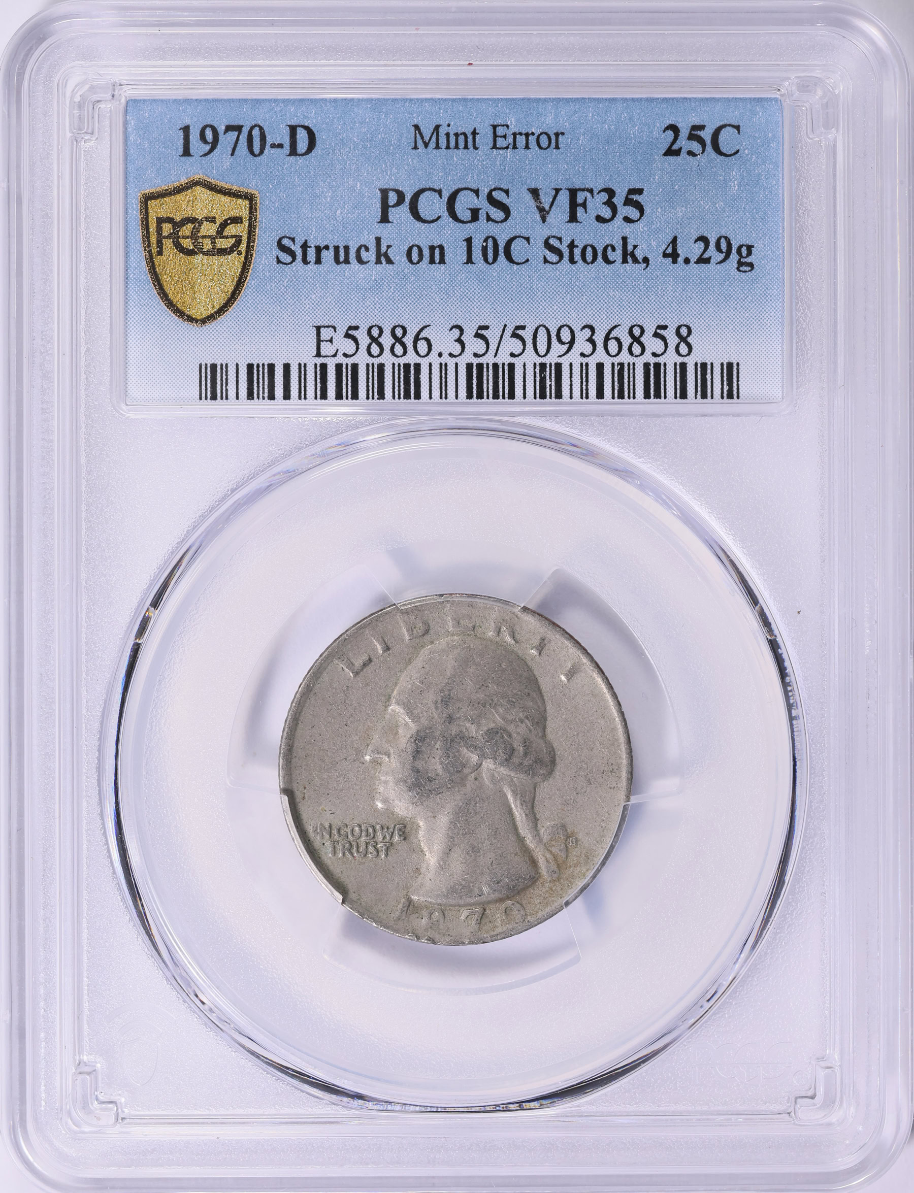 Mint Error 1970-D Washington Quarter Struck on 10c Stock, 4.29g PCGS VF ...