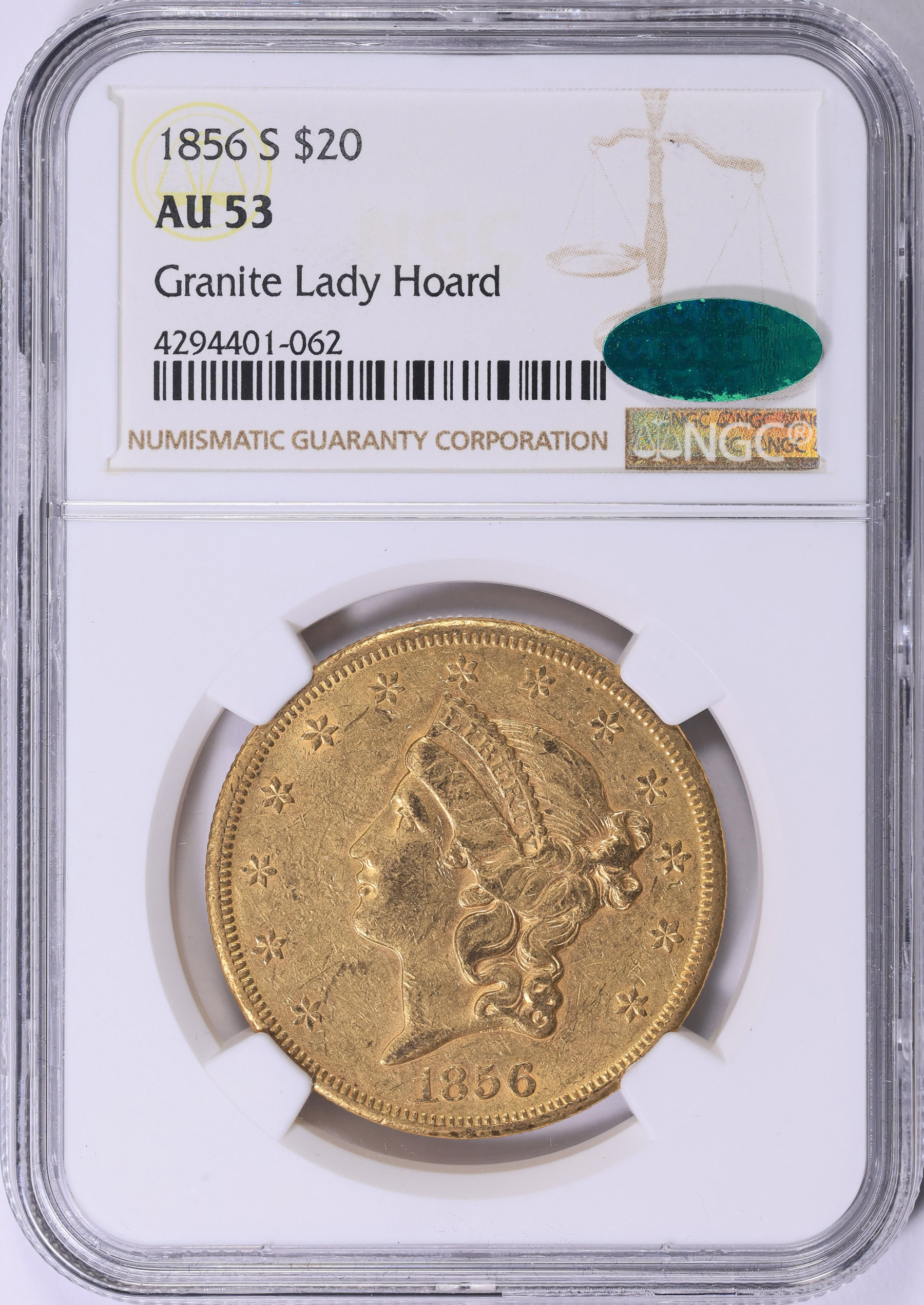 1856-S Liberty Gold Double Eagle NGC AU-53 (CAC Green) (Granite Lady Hoard) (Item 1899250 ...