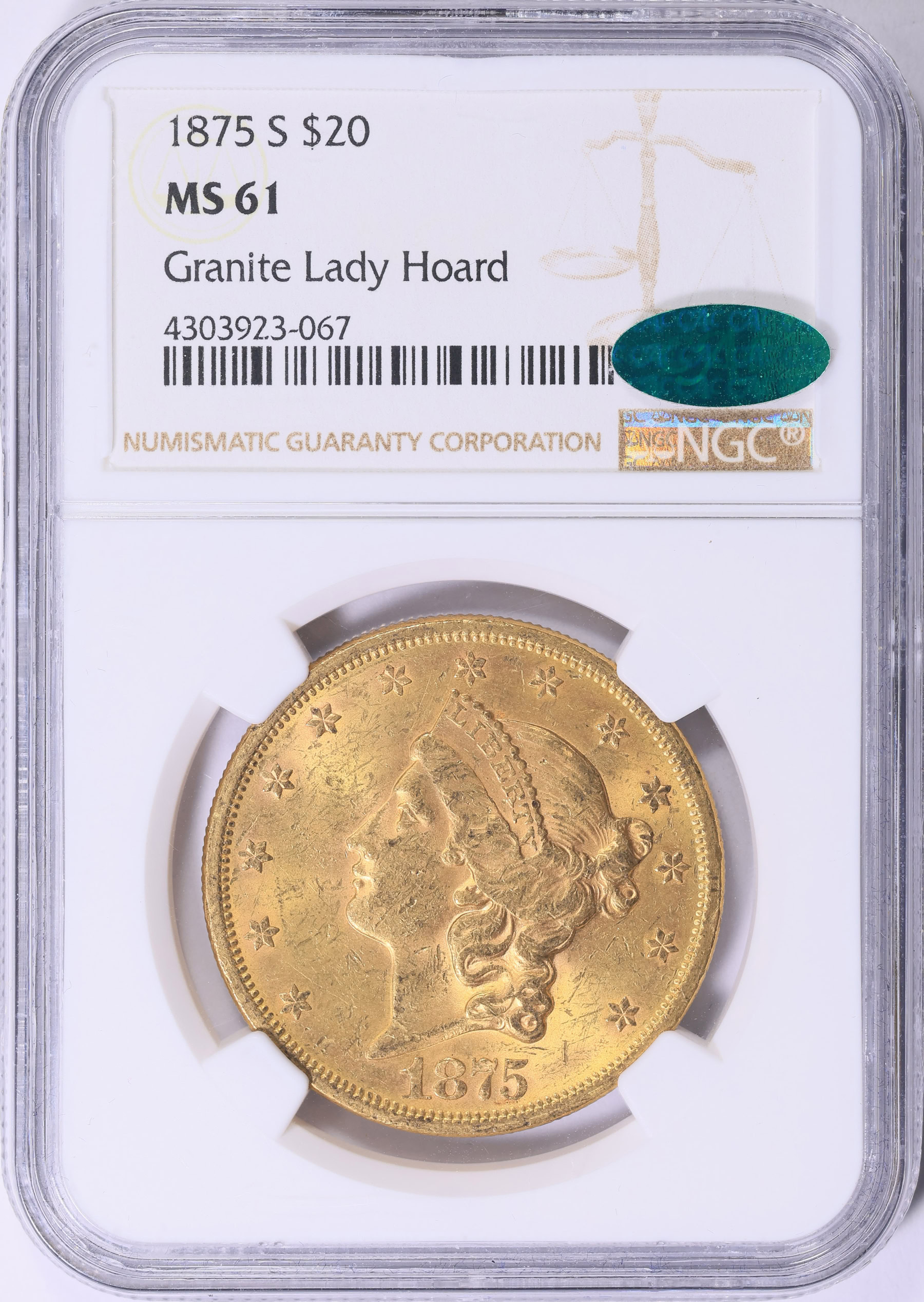1875-S Liberty Gold Double Eagle NGC MS-61 (CAC Green) (Granite Lady ...