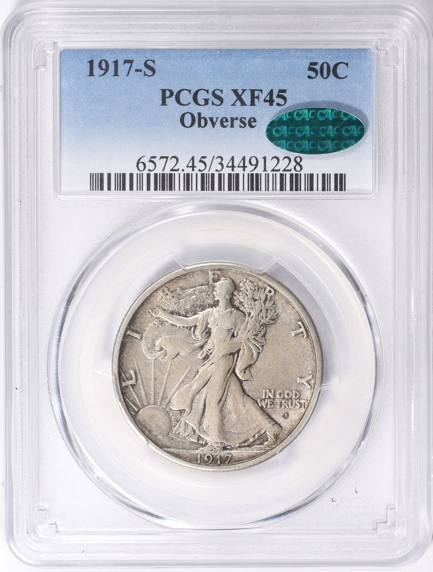 1917-S Walking Liberty Half Dollar Obverse Mintmark PCGS XF-45 (CAC Green) (Item 1900293 ...