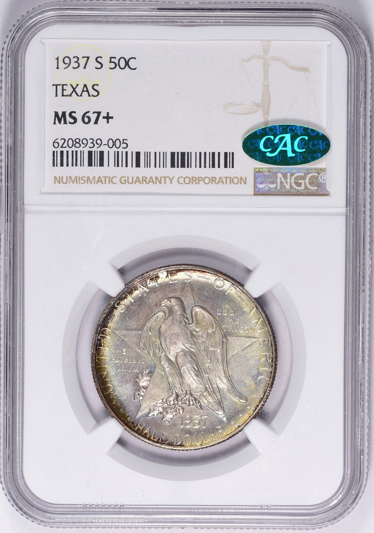 1937-S Texas Centennial Half Dollar NGC MS-67+ (CAC Green) (Toned) (Item 1900472 ...