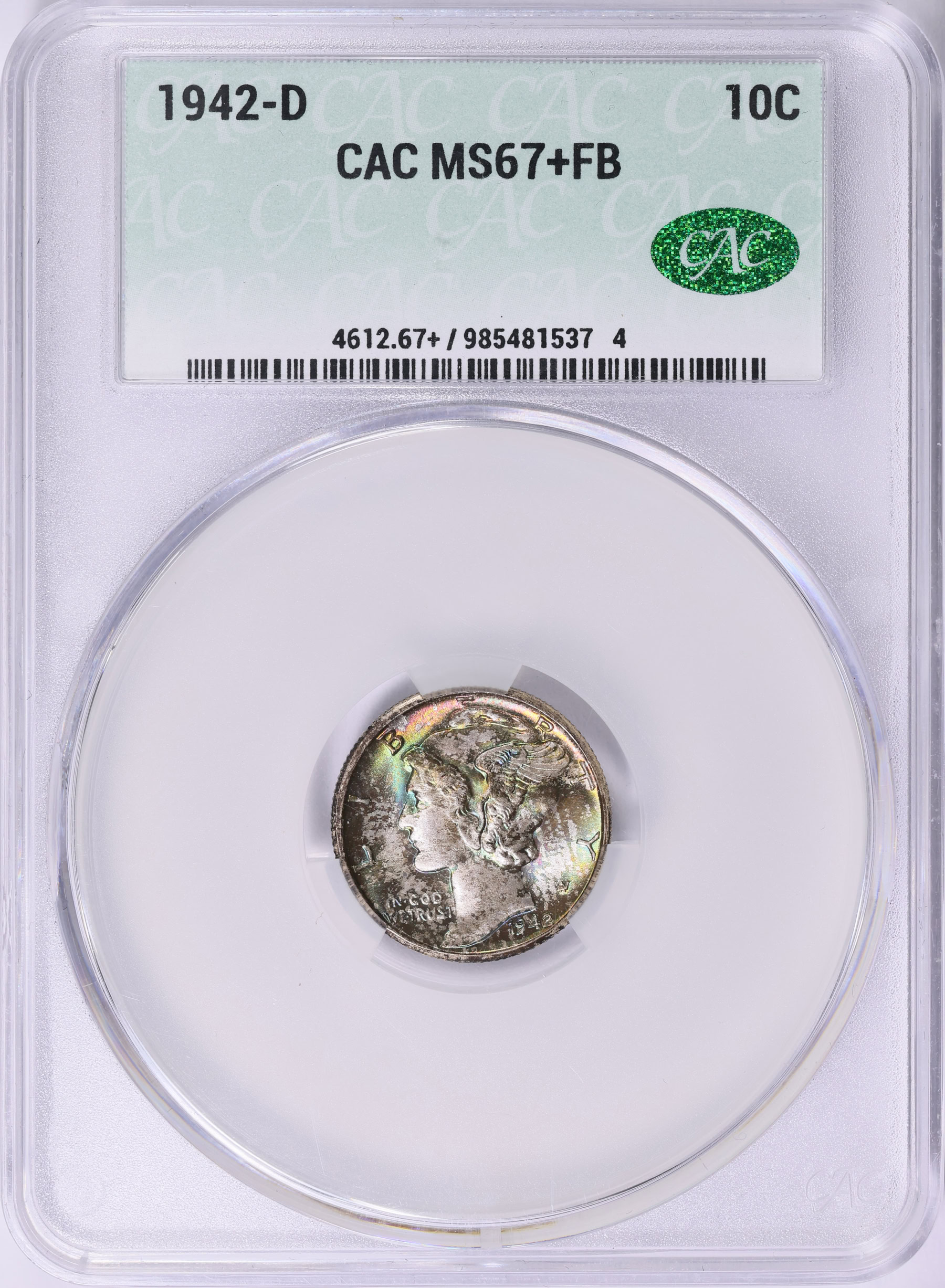 1942-D Mercury Dime CACG MS-67+ FB (Toned) (Item 1900476) | GreatCollections Coin Auctions