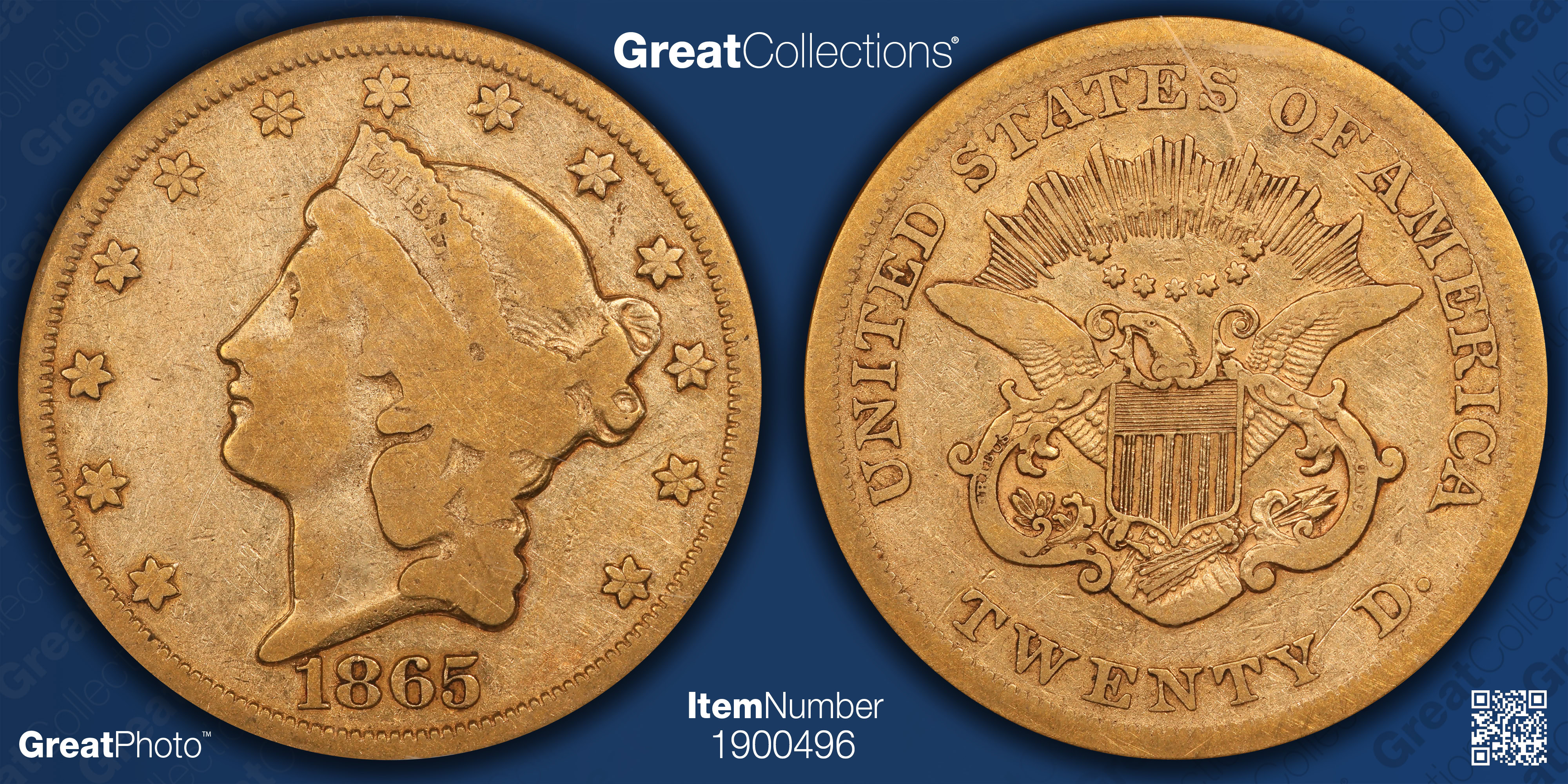 1865 Liberty Gold Double Eagle ANACS VG-10 OH (Item 1900496 ...