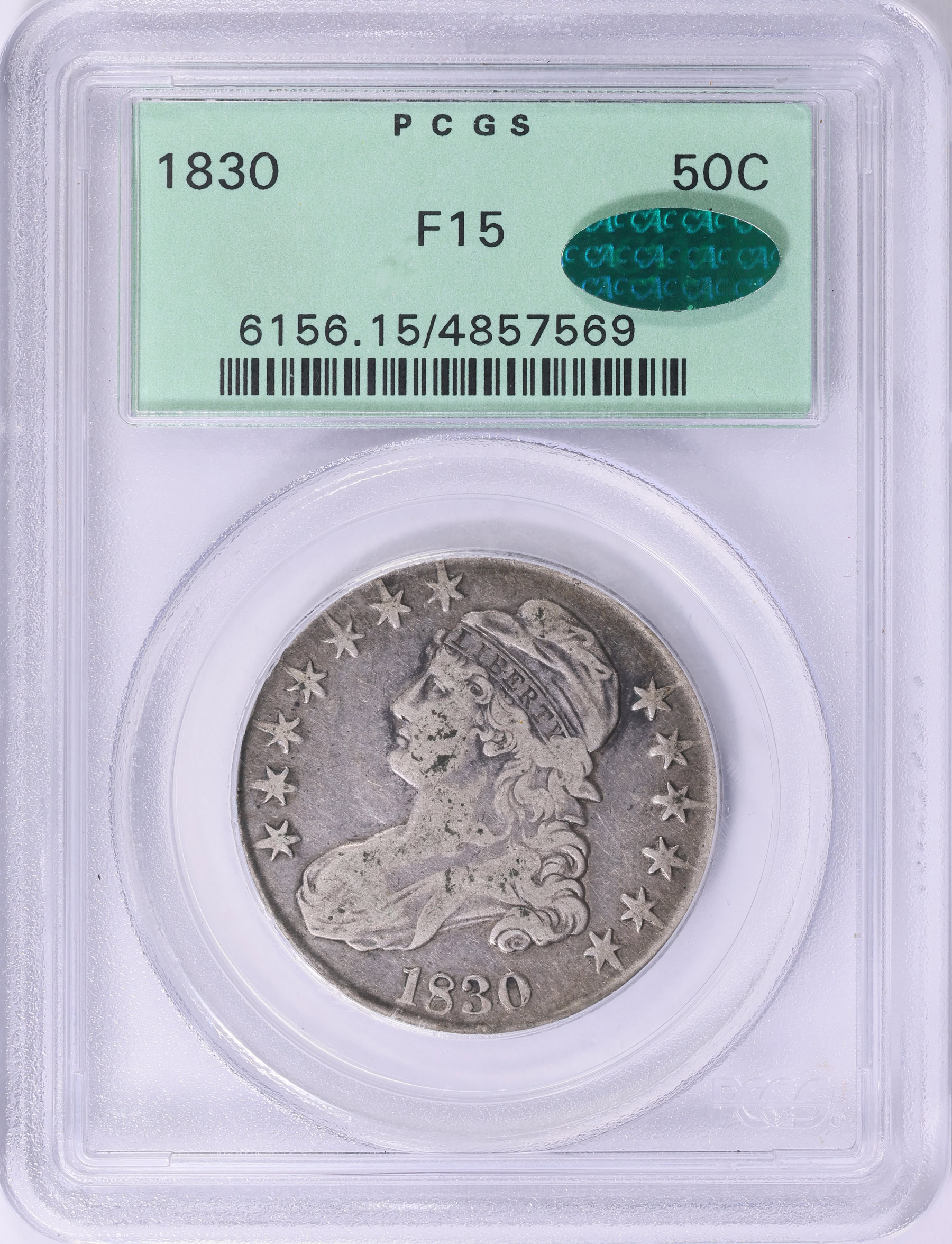 1830 Capped Bust Half Dollar PCGS F-15 (CAC Green) OGH (Item 1900643) | GreatCollections Coin ...