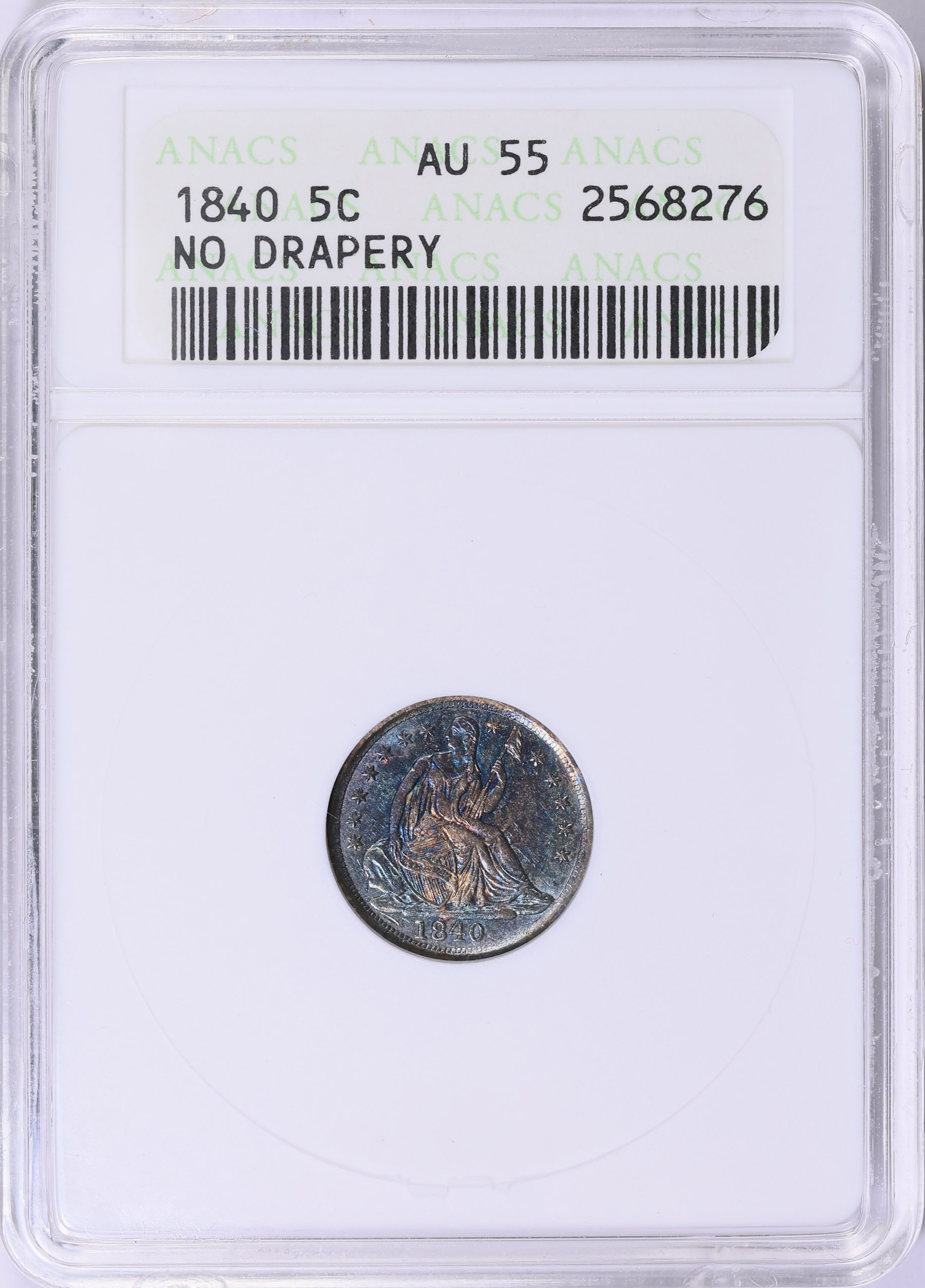 1840 Seated Liberty Half Dime No Drapery ANACS AU-55 OH (Toned) (Item 1900739 ...