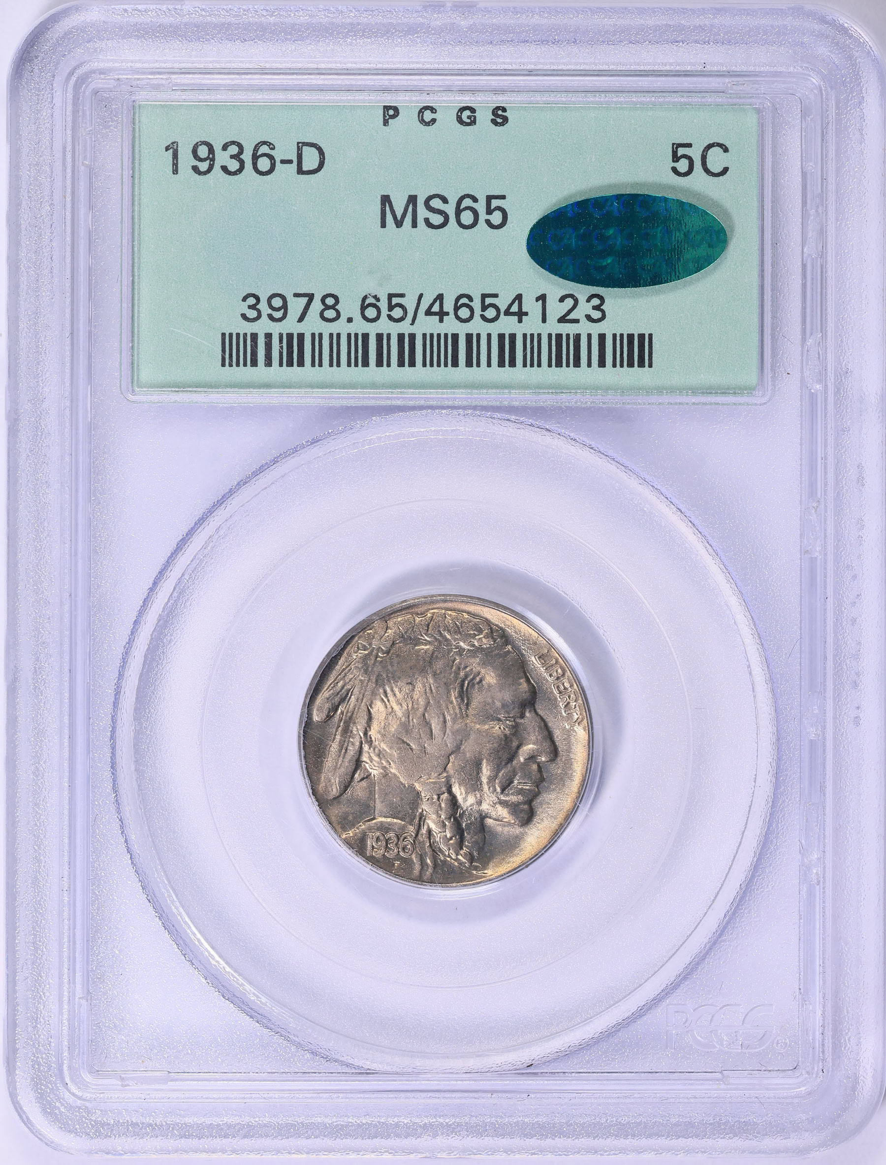 1936-D Buffalo Nickel PCGS MS-65 (CAC Green) OGH (Item 1900796) | GreatCollections Coin Auctions